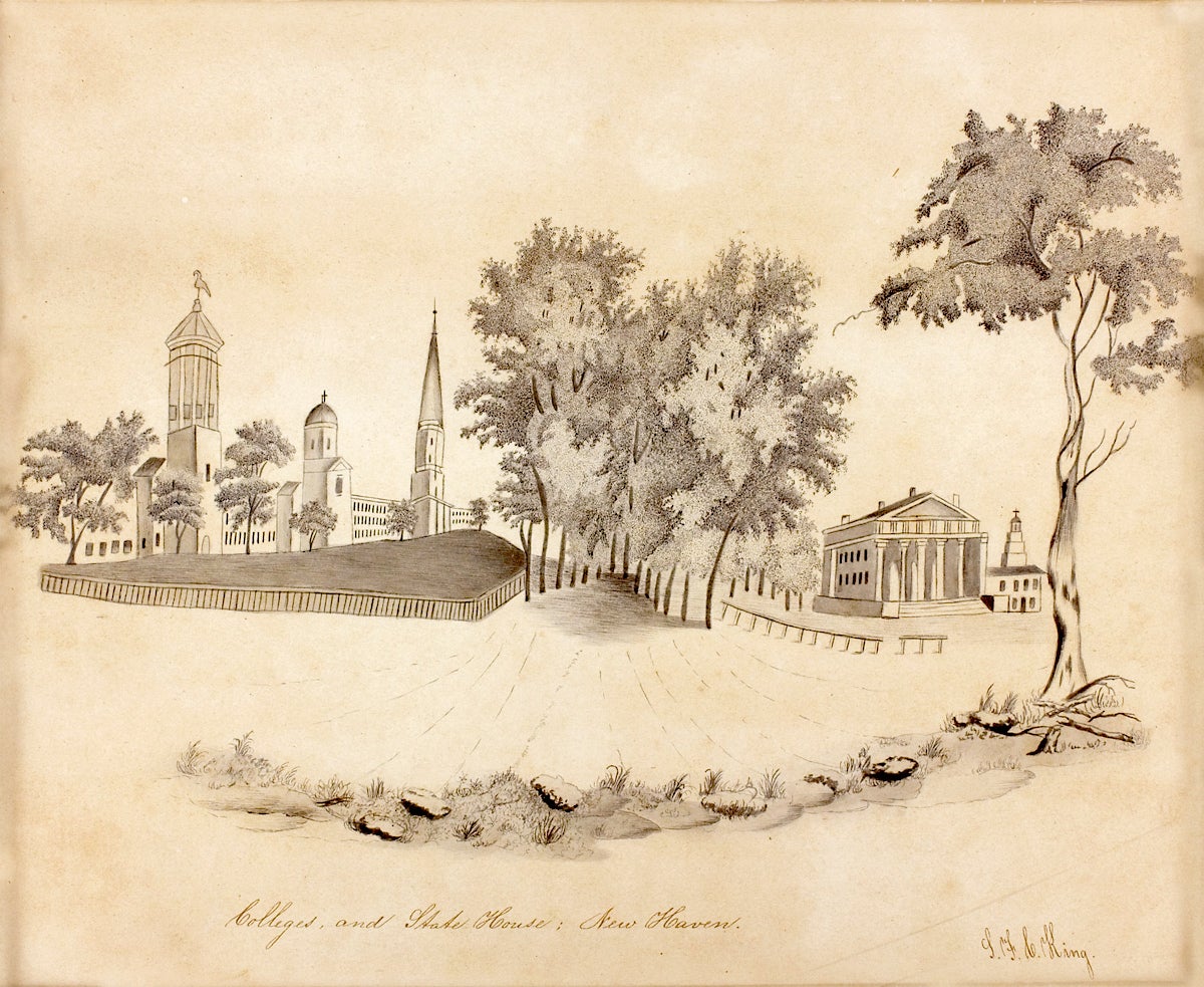 Colleges, and State House, New Haven. [caption of original drawing of ...