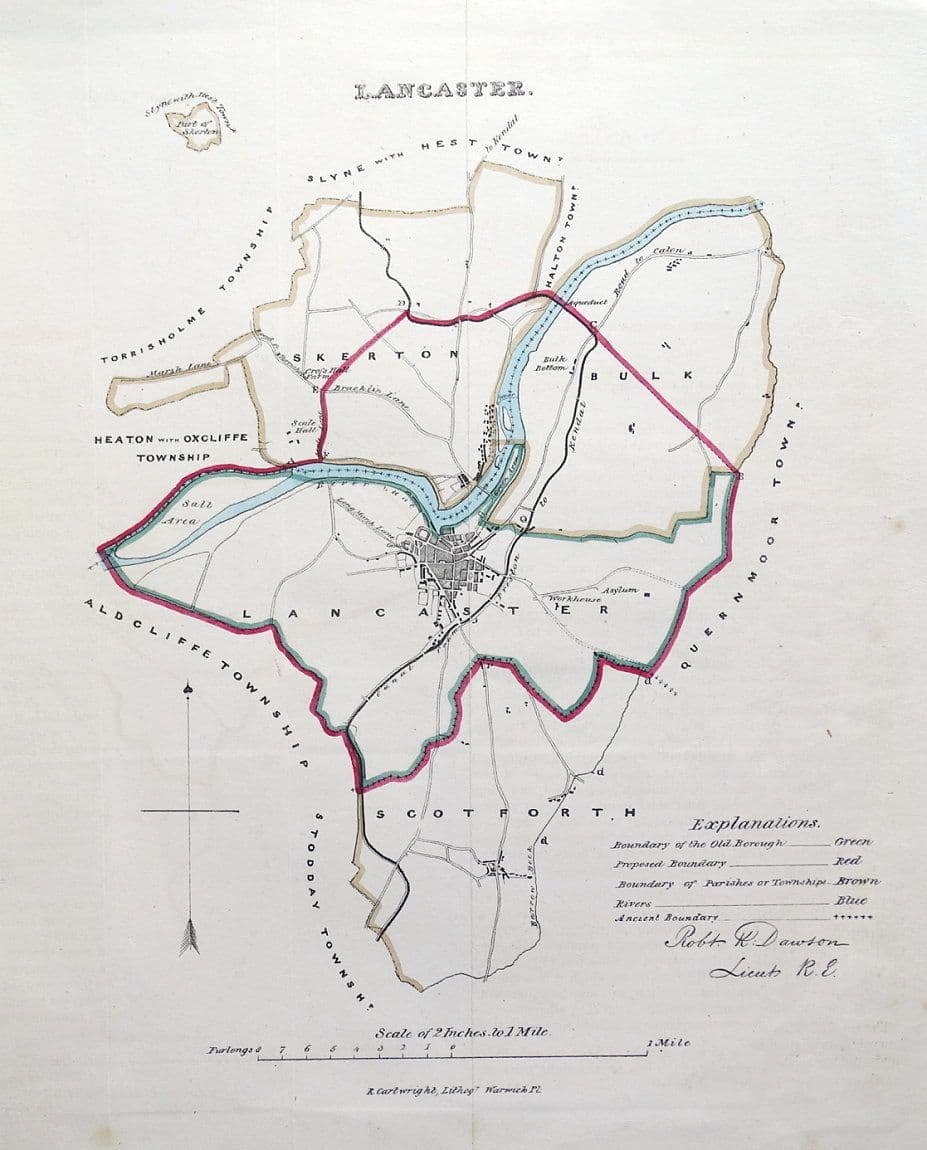 LANCASTER, LANCASHIRE, ENGLAND, street plan, Dawson antique map 1832 ...