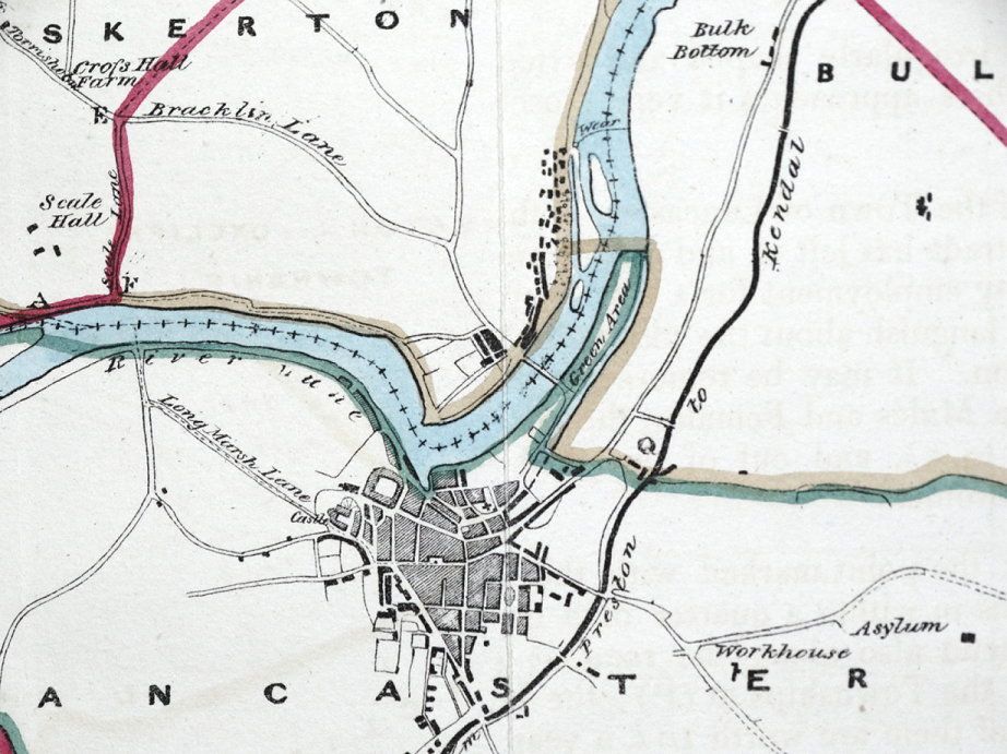 LANCASTER, LANCASHIRE, ENGLAND, street plan, Dawson antique map 1832 ...