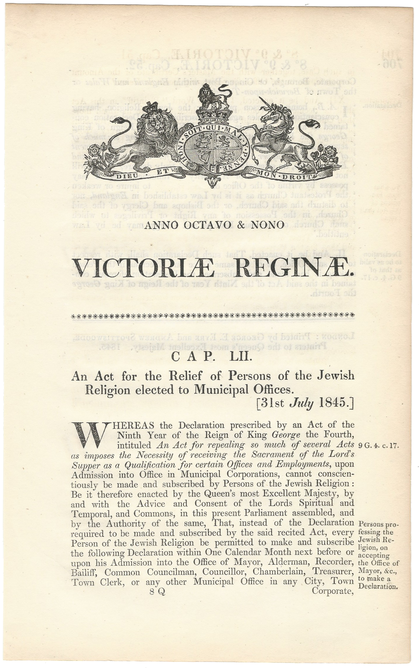 JEWISH DISABILITIES REMOVAL ACT (1845). An Act for the Relief of ...