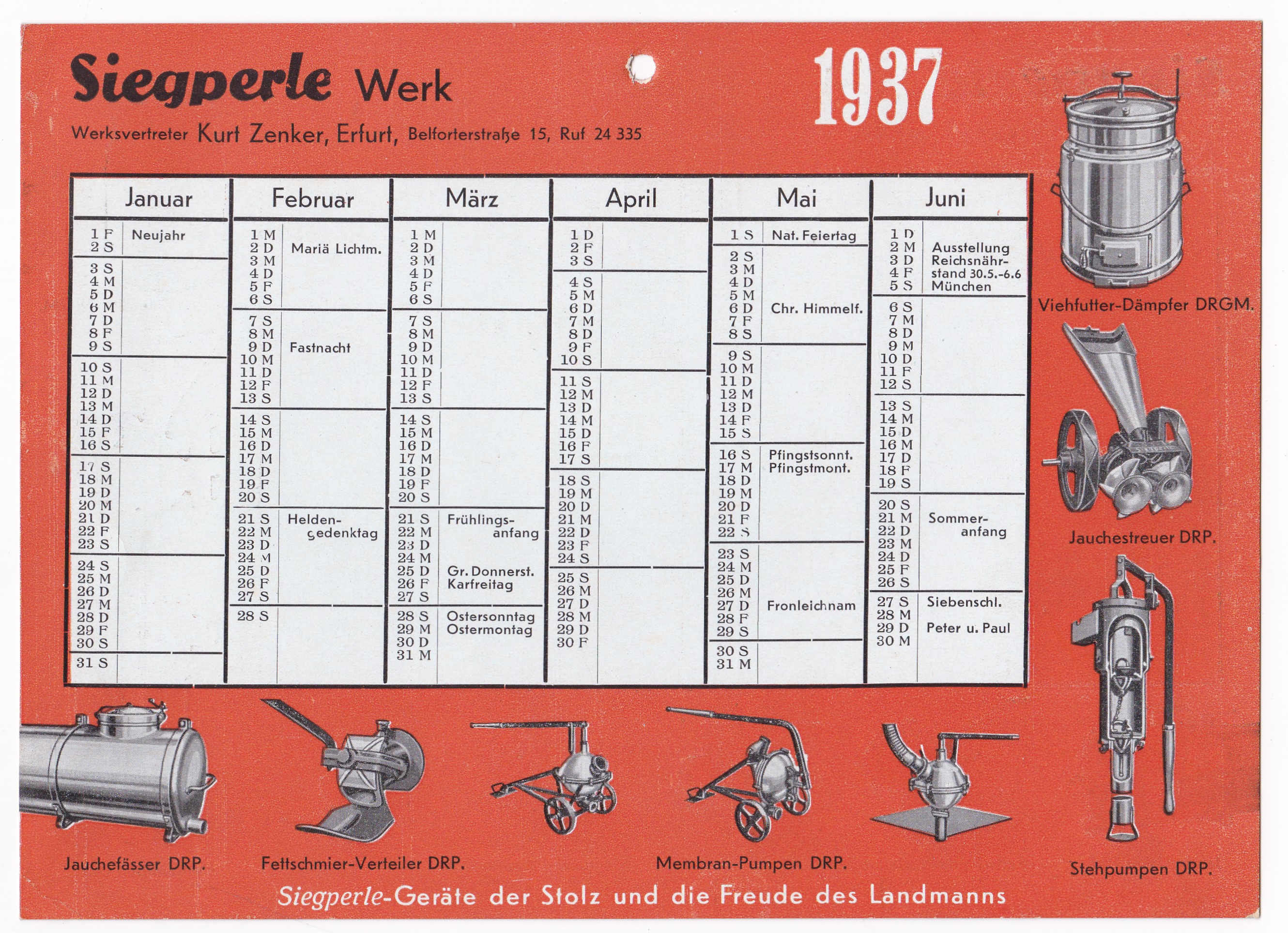 Kalender 1937 - Siegperle Werk Siegen, Kurt Zenker Erfurt, Landmann ...