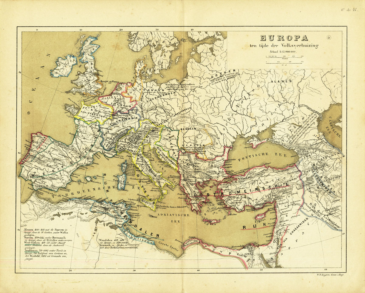 Antique Map-EUROPE-MIGRATION PERIOD-BARBARIAN INVASIONS-Huberts-1877 ...