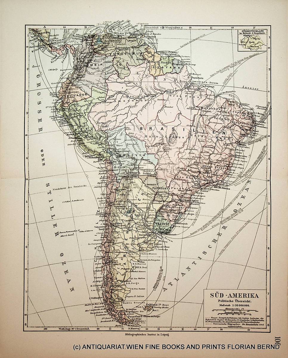 South America, map c. 1900 / Südamerika, Landkarte ca. 1900: (1900) Map ...