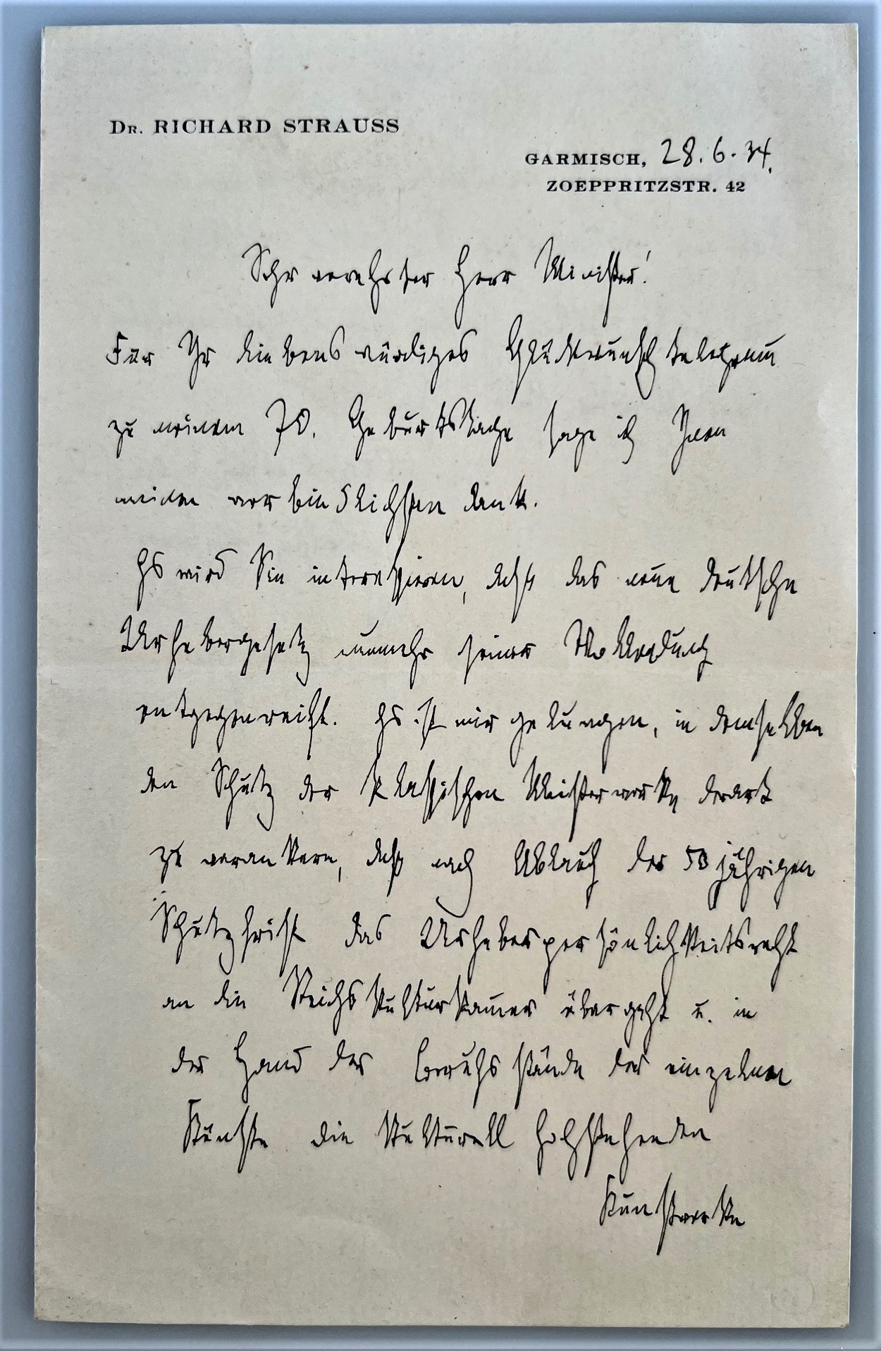 Autograph letter with place, date and signature. by STRAUSS, Richard ...