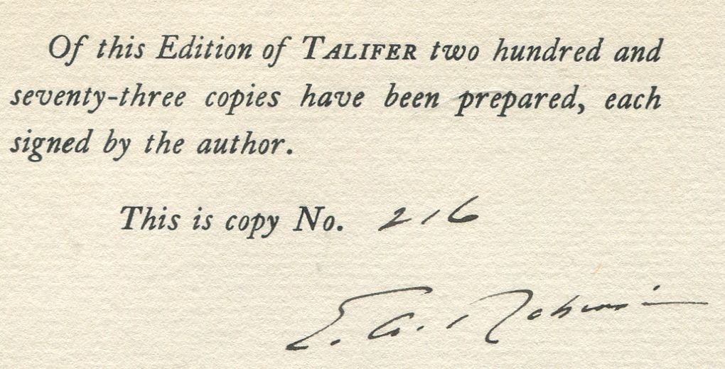 Talifer by ROBINSON, Edwin Arlington: Near Fine Hardcover (1933 ...