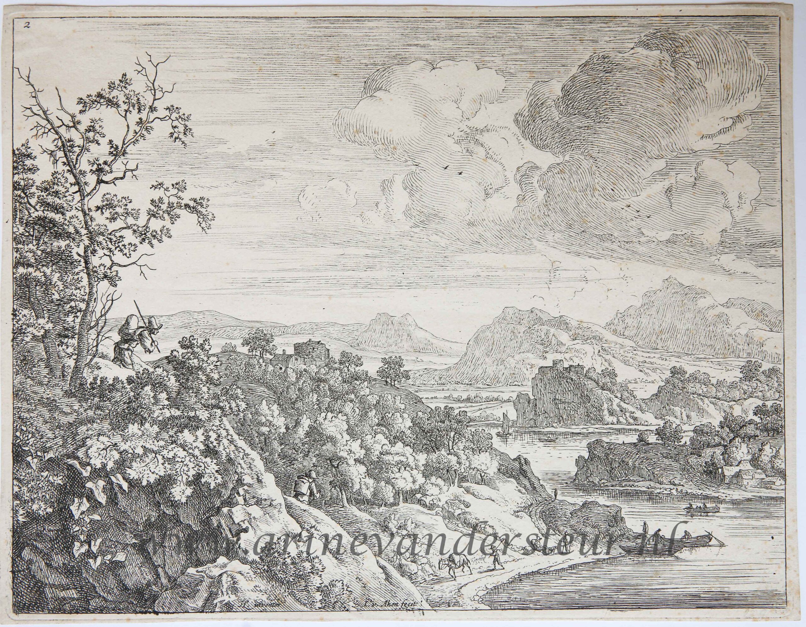 Antique print, etching I Landscape: view of the Rhine, published ca ...