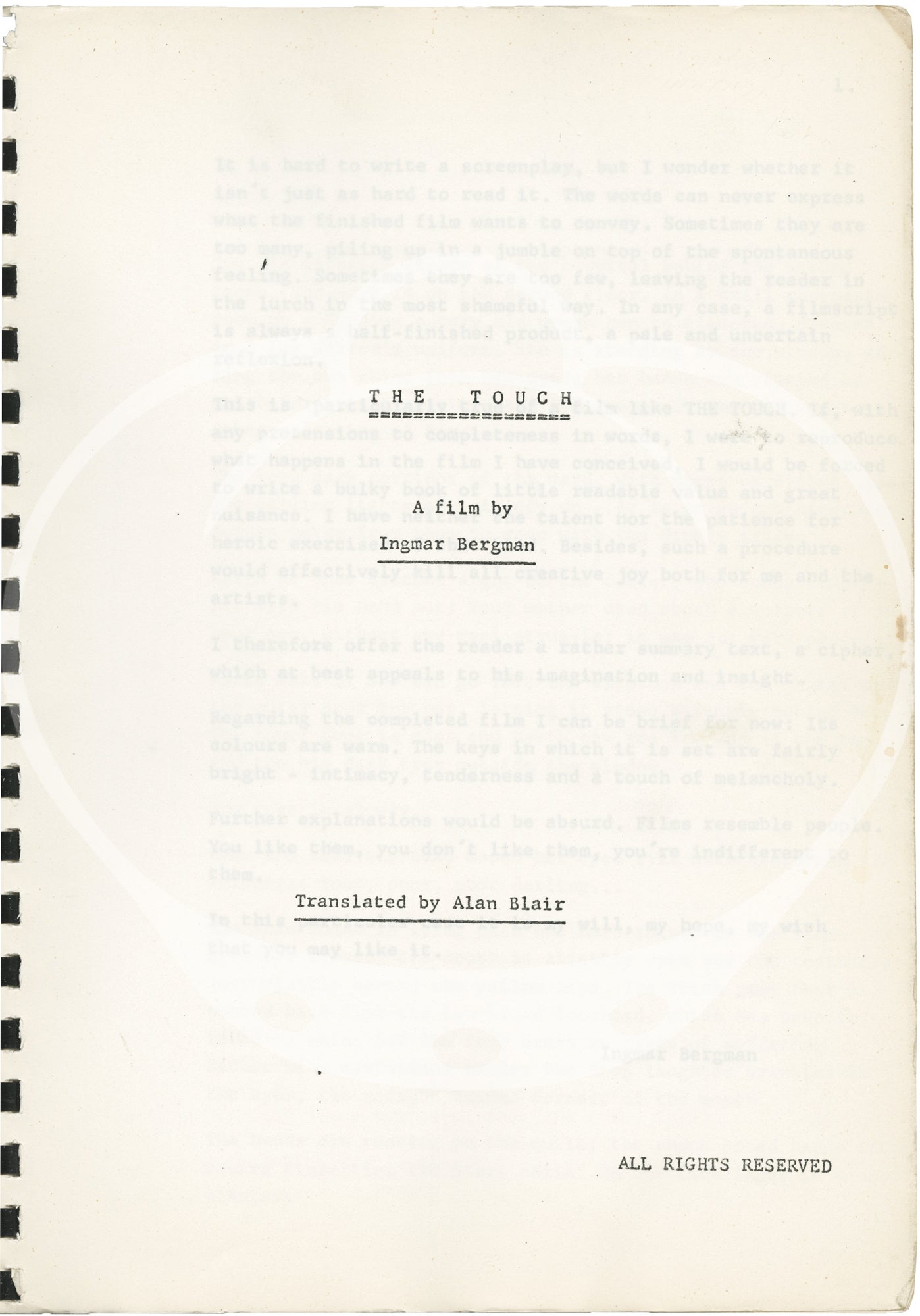 The Touch (Original treatment script for the 1971 film, with ...