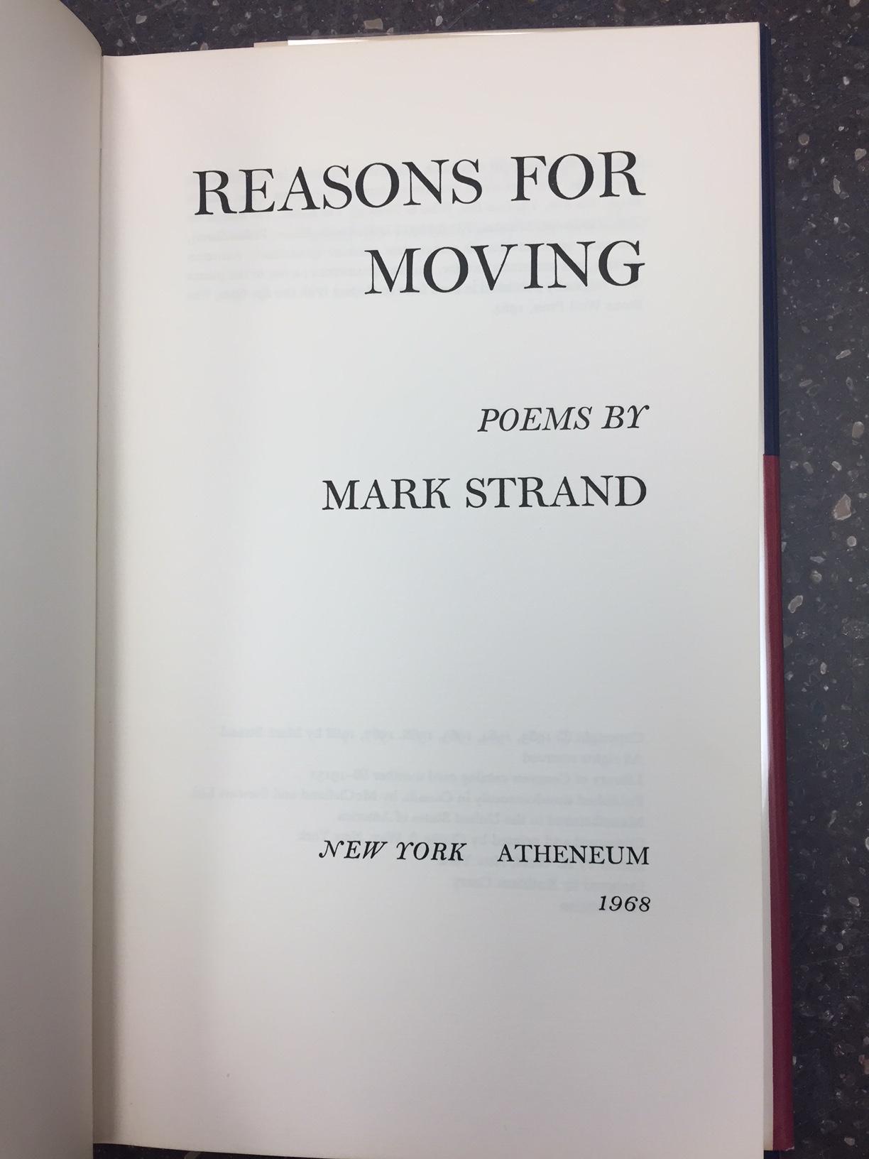 REASONS FOR MOVING by Strand, Mark: Hardcover (1968) First Edition ...