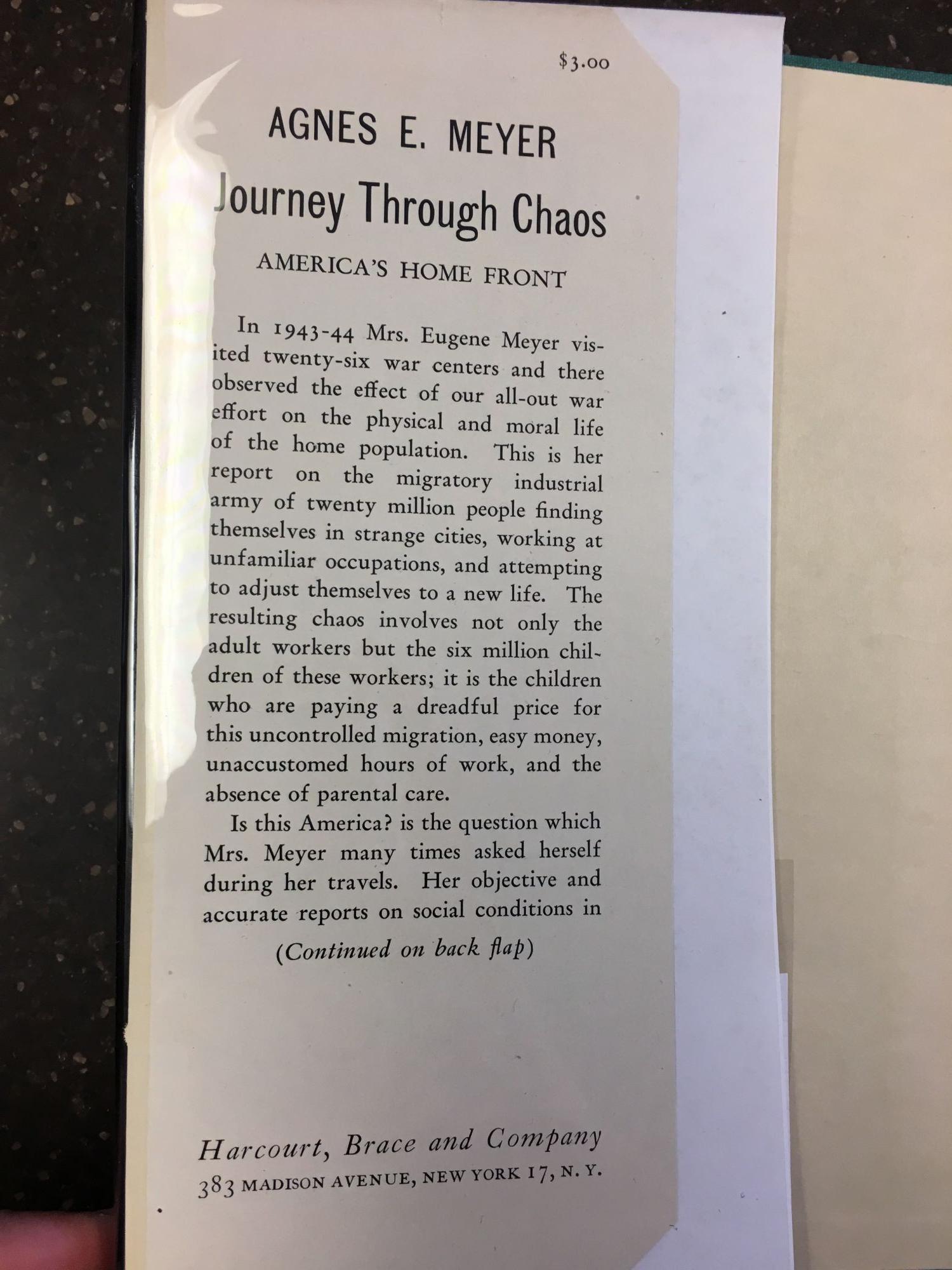 JOURNEY THROUGH CHAOS von Meyer, Agnes E.: Hardcover (1944) First ...