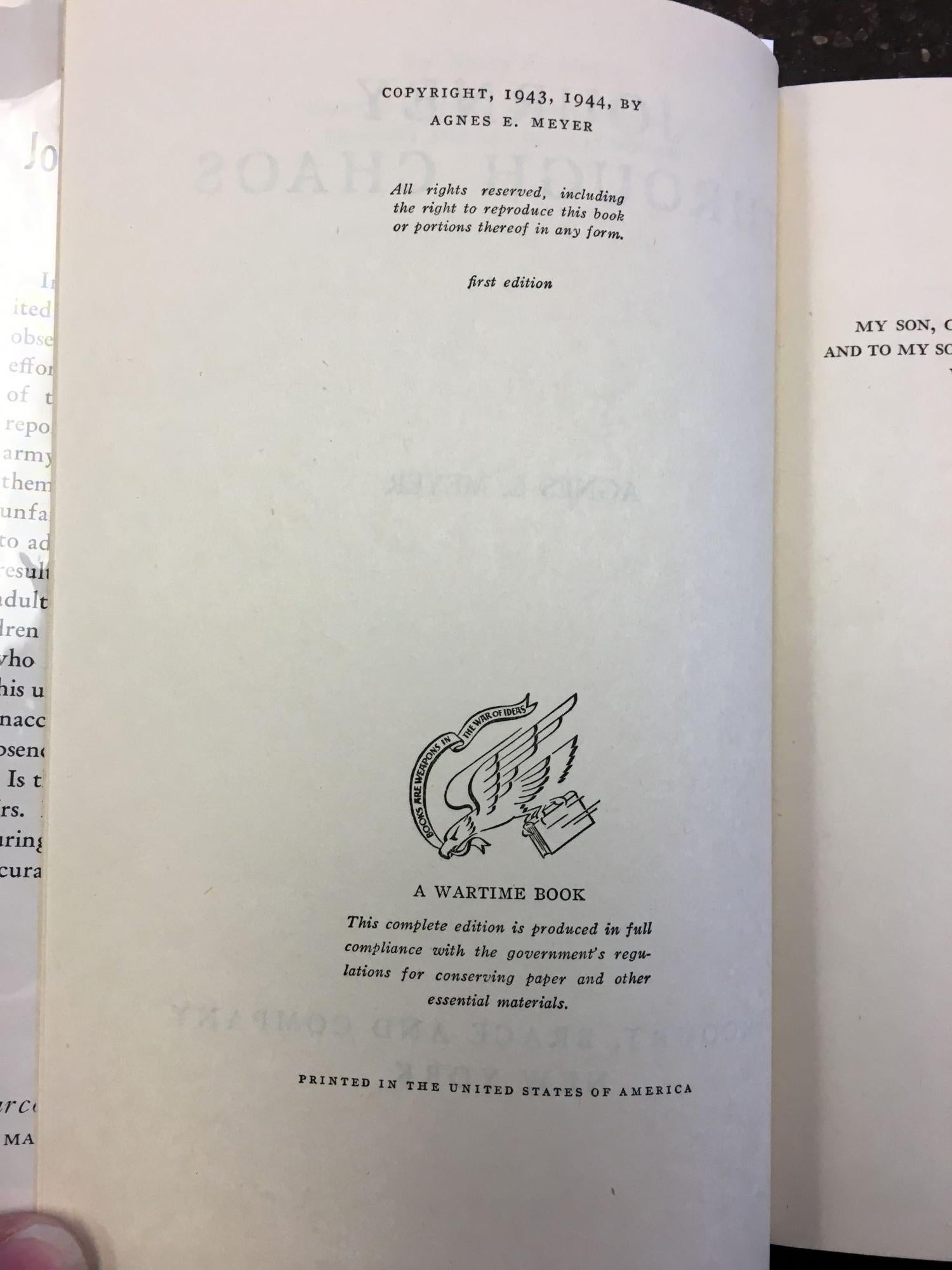 JOURNEY THROUGH CHAOS von Meyer, Agnes E.: Hardcover (1944) First ...