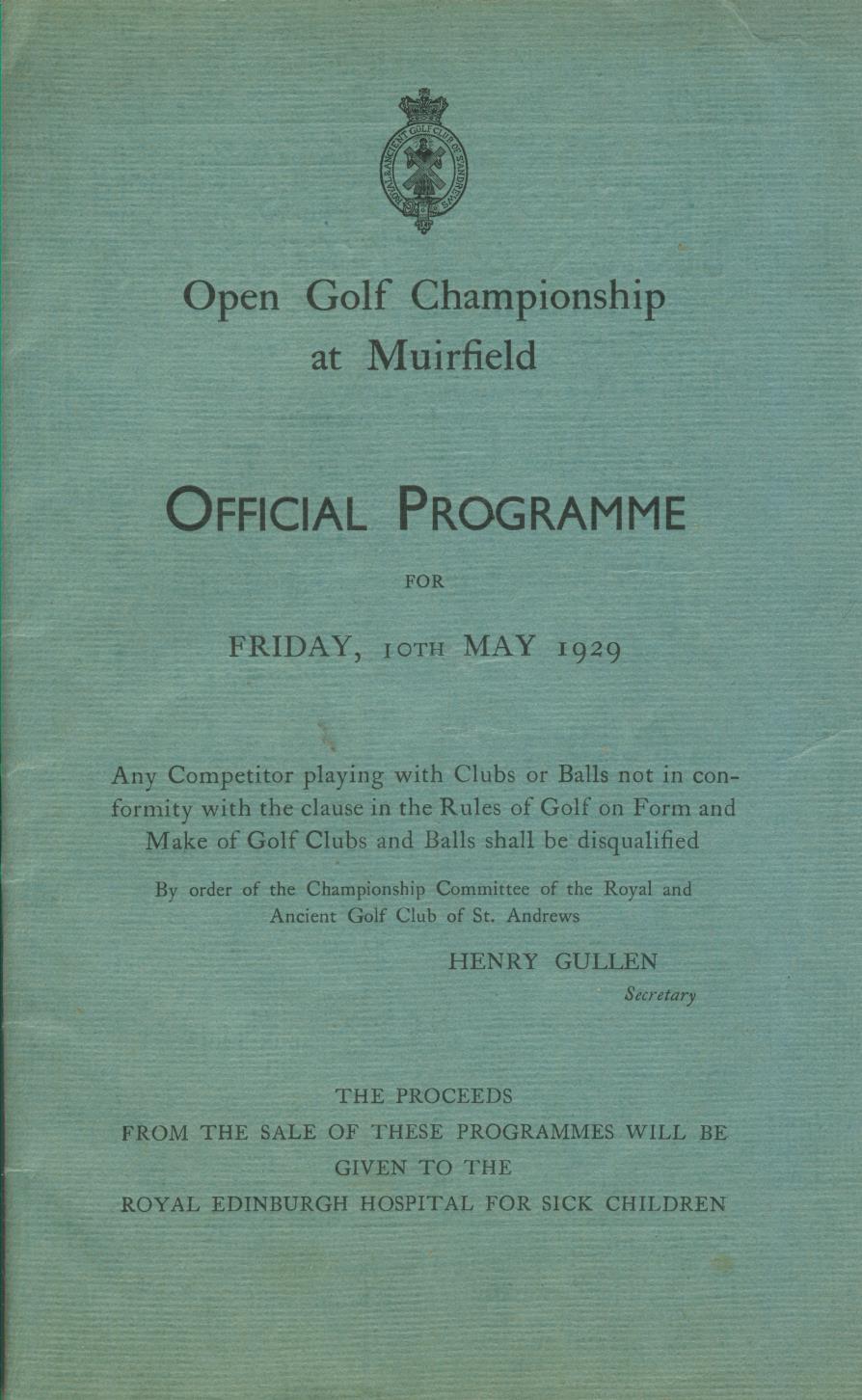 OPEN GOLF CHAMPIONSHIP 1929 (MUIRFIELD) PROGRAMME: (1929) | Sportspages