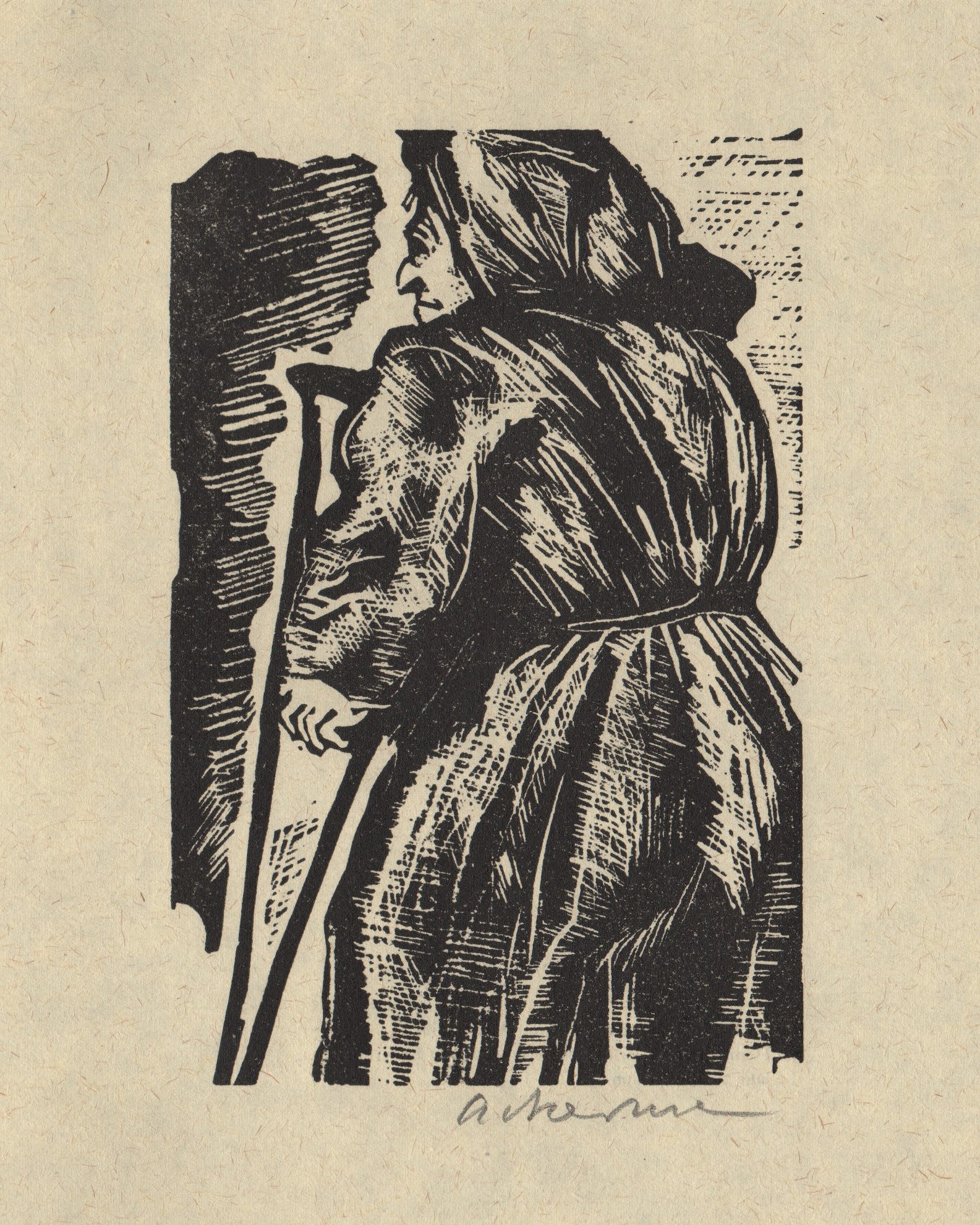 (alte Frau) Original-Linolschnitt von Helmut Ackermann zu Heinrich von ...