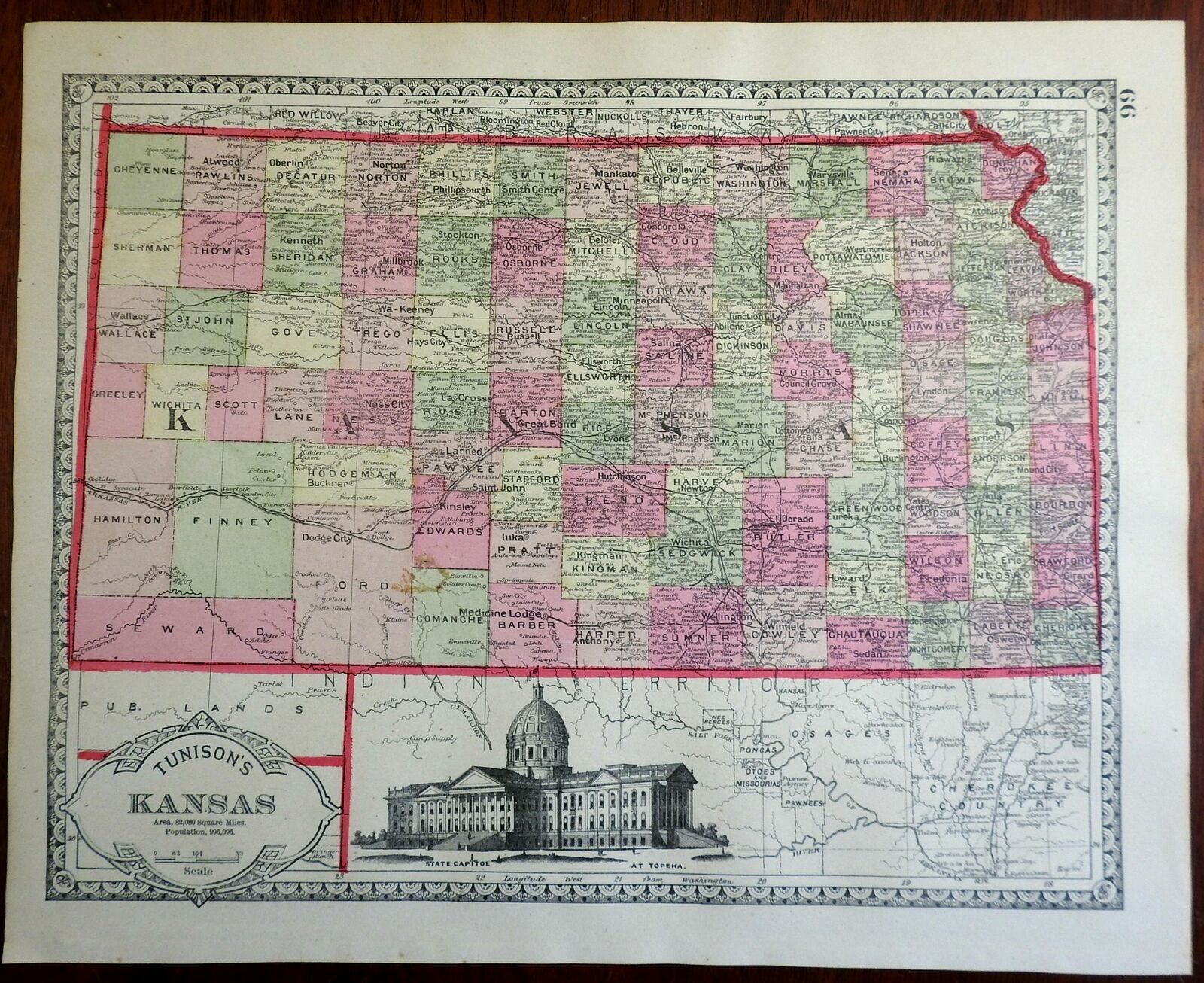 Kansas County Map Topeka State Capitol Building 1885 Tunison map: (1885 ...