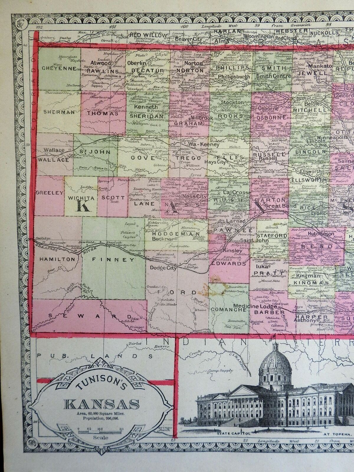 Kansas County Map Topeka State Capitol Building 1885 Tunison map: (1885 ...
