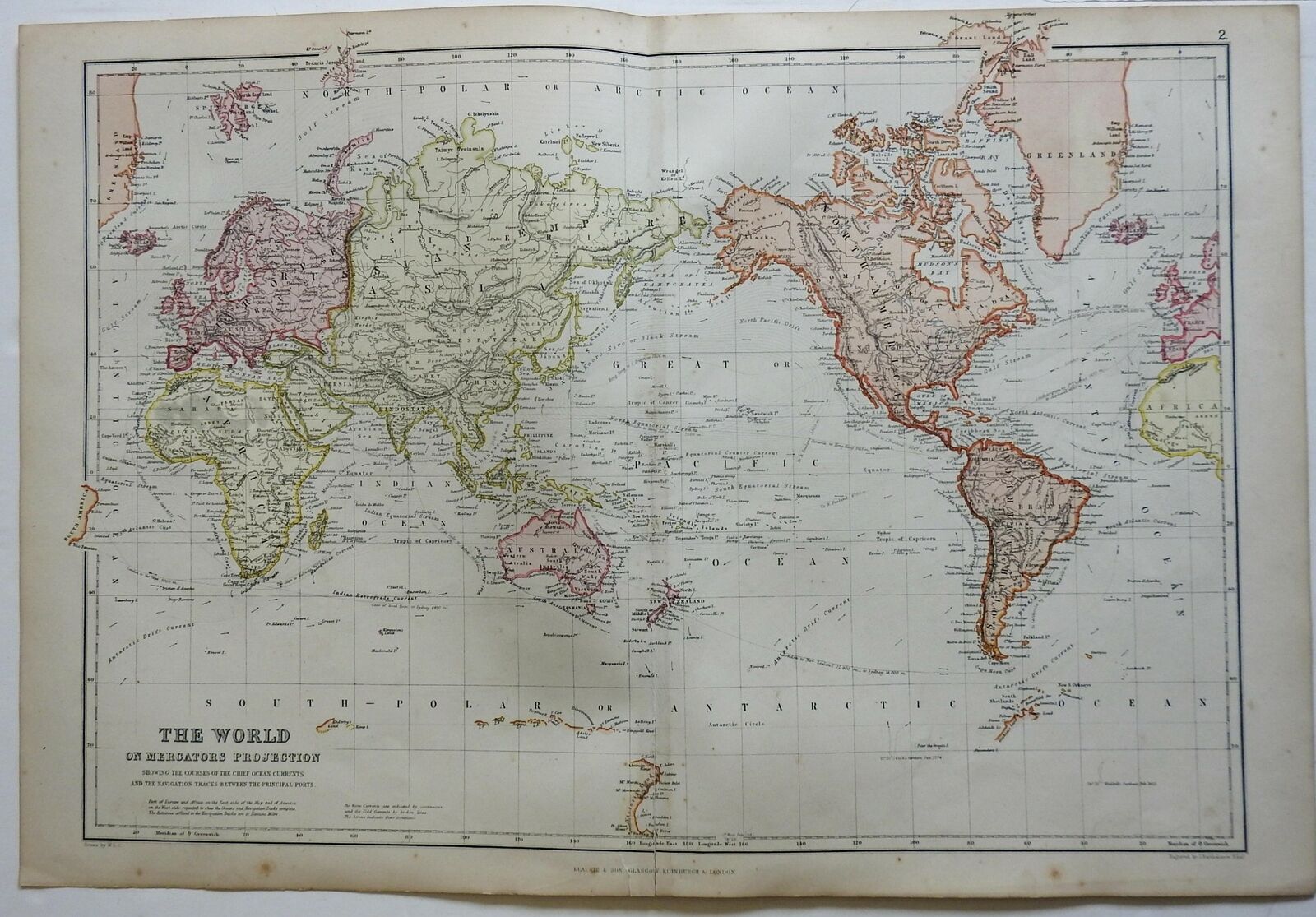 World Map Mercator's Projection Sea Lanes Shipping Routes 1882 Blackie ...
