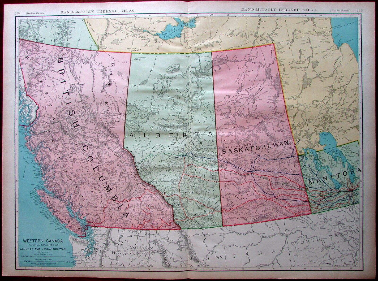 Western Canada Provinces BC AB SK MB 1907 huge detailed Rand McNally ...