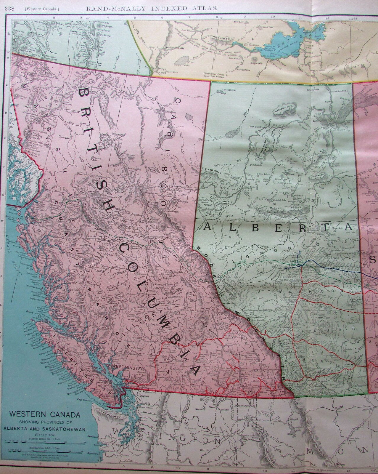 Western Canada Provinces BC AB SK MB 1907 huge detailed Rand McNally ...