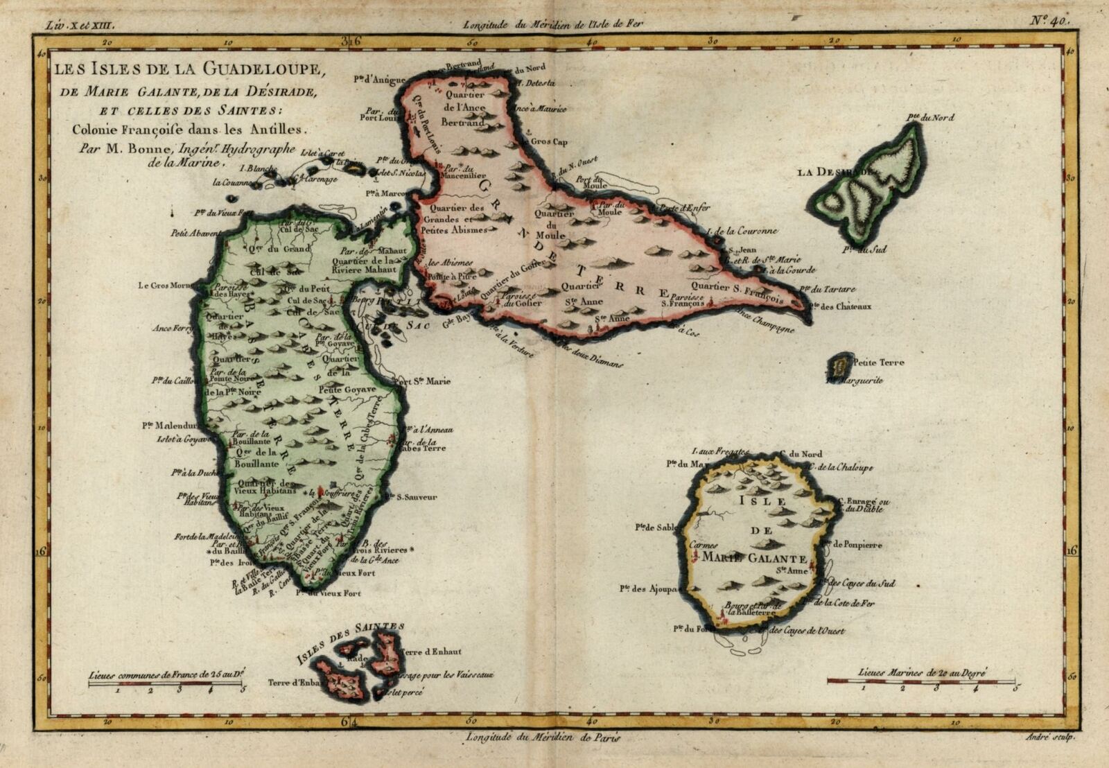 Guadeloupe Lesser Antilles Caribbean Galante 1780 Bonne engraved map ...