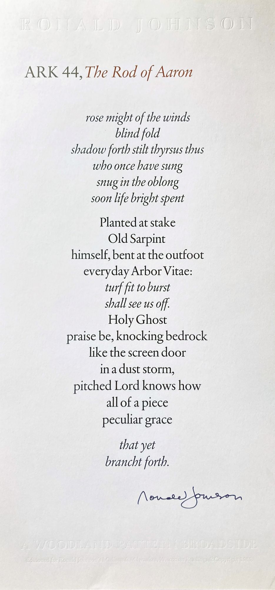 Ark 44, The Rod of Aaron by Johnson, Ronald: (1985) Signed by Author(s ...