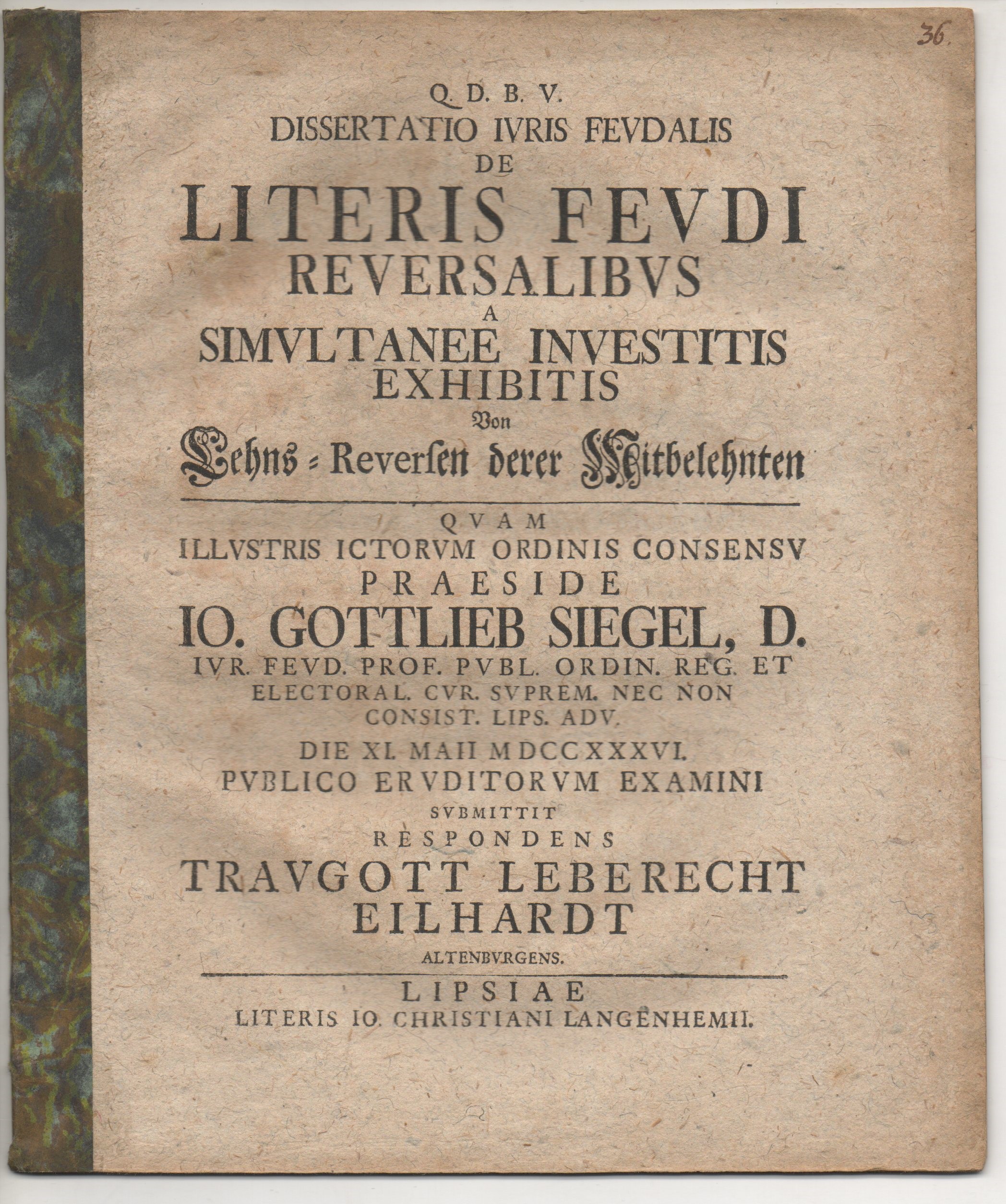 Juristische Inaugural-Dissertation. De literis feudi reversalibus a ...