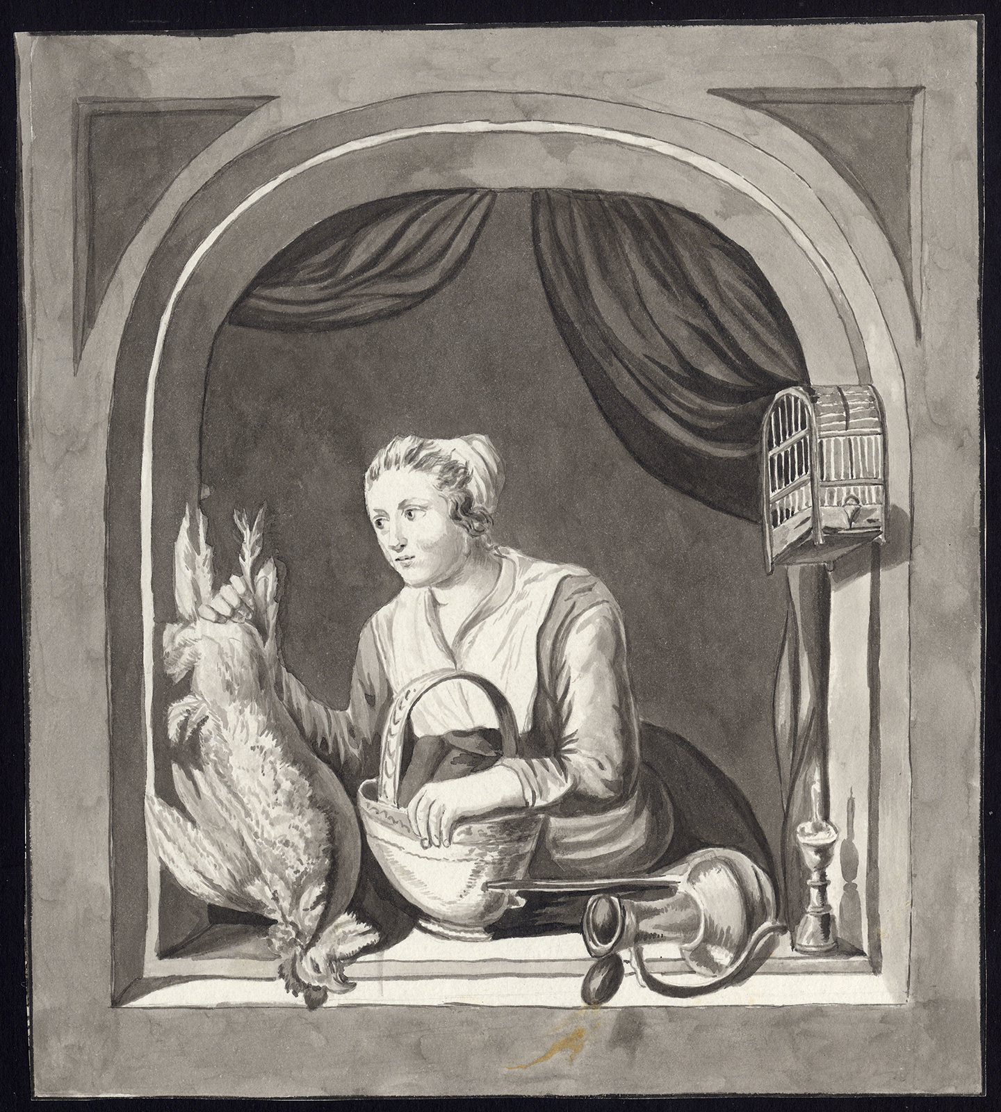 Antique Drawing-MAID-WINDOW-CHICKEN-PLUCK-Bromet-Willem van Mieris-ca ...