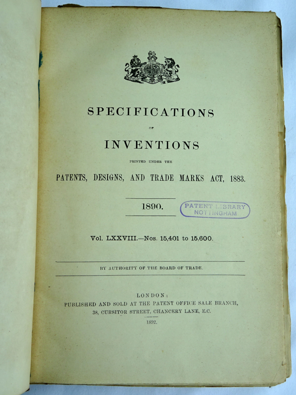 Specifications of Inventions printed under the Patents, Designs, and ...
