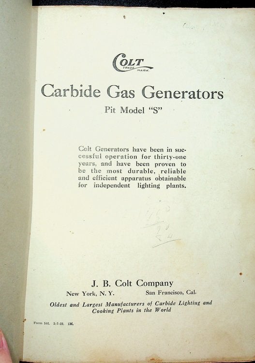[ Lighting ] COLT Carbide Gas Generators Pit Model "S" [ title page ...