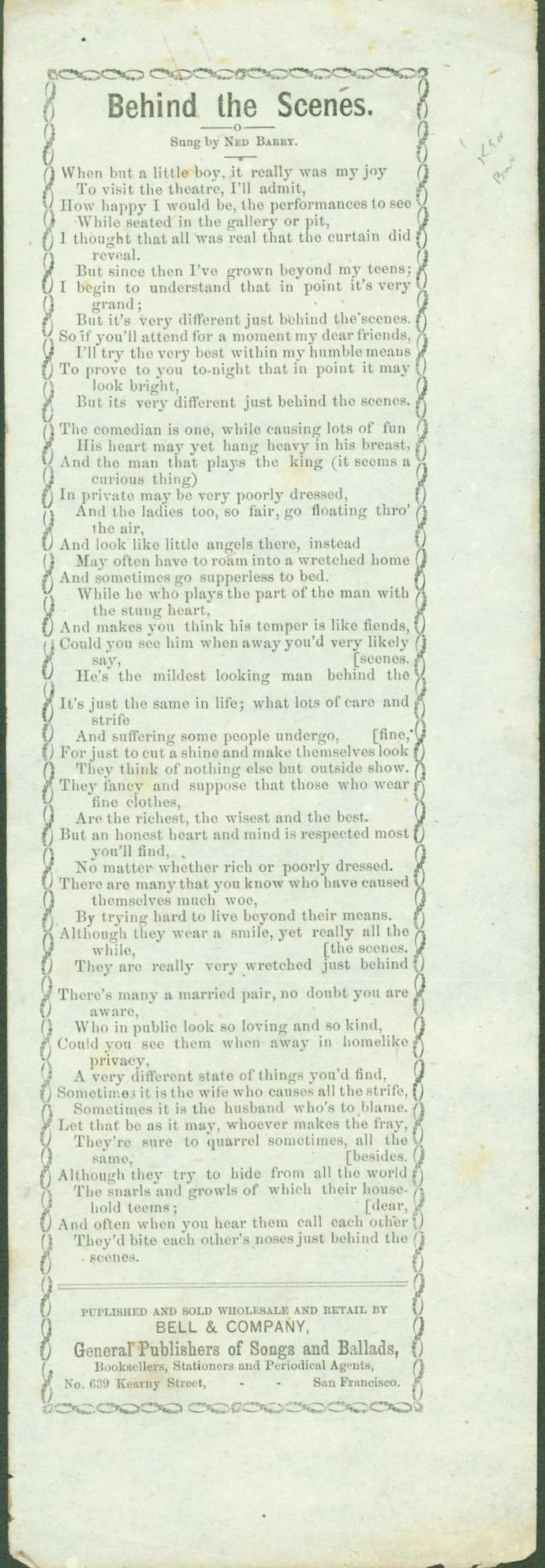 Behind the Scenes (song sheet) by Barry, Ned: Broadside (1873) First ...