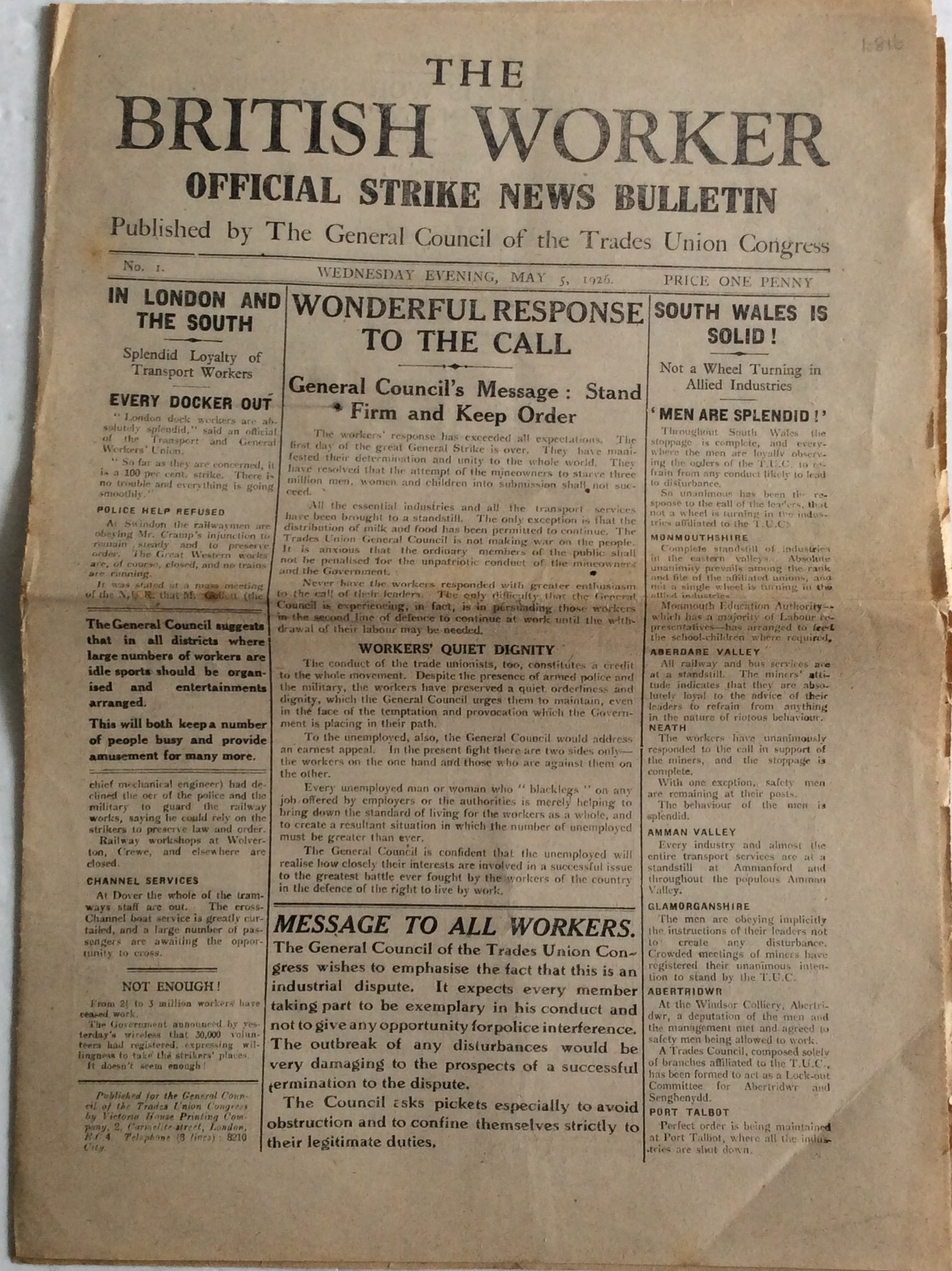 THE BRITISH WORKER OFFICIAL STRIKE NEWS BULLETIN No. 1: (1926) 1st ...