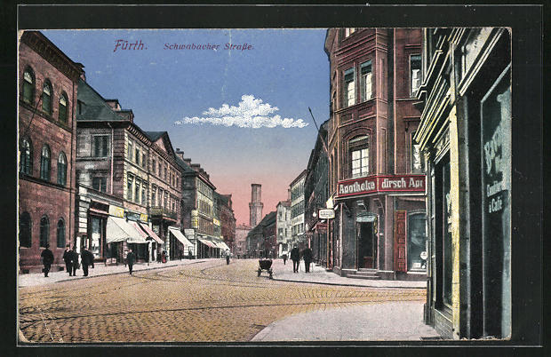 Ansichtskarte Fürth, Schwabacher Strasse bei der Hirsch-Apotheke: (1918 ...