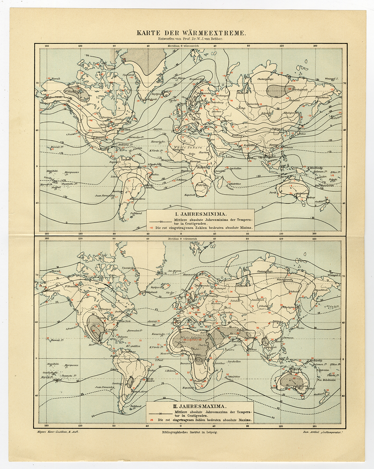Antique Map-TEMPERATURES-WORLD MAP-Meyers-1902: (1902) Art / Print ...