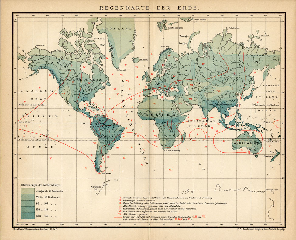 Antique Map-PRECIPITATION-WORLD MAP-Meyers-1895: (1895) Art / Print ...