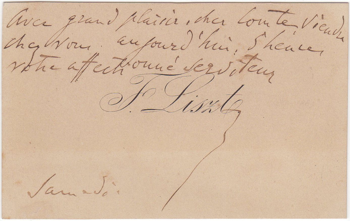 Unique autograph note on his personal visiting card by Liszt, Franz ...