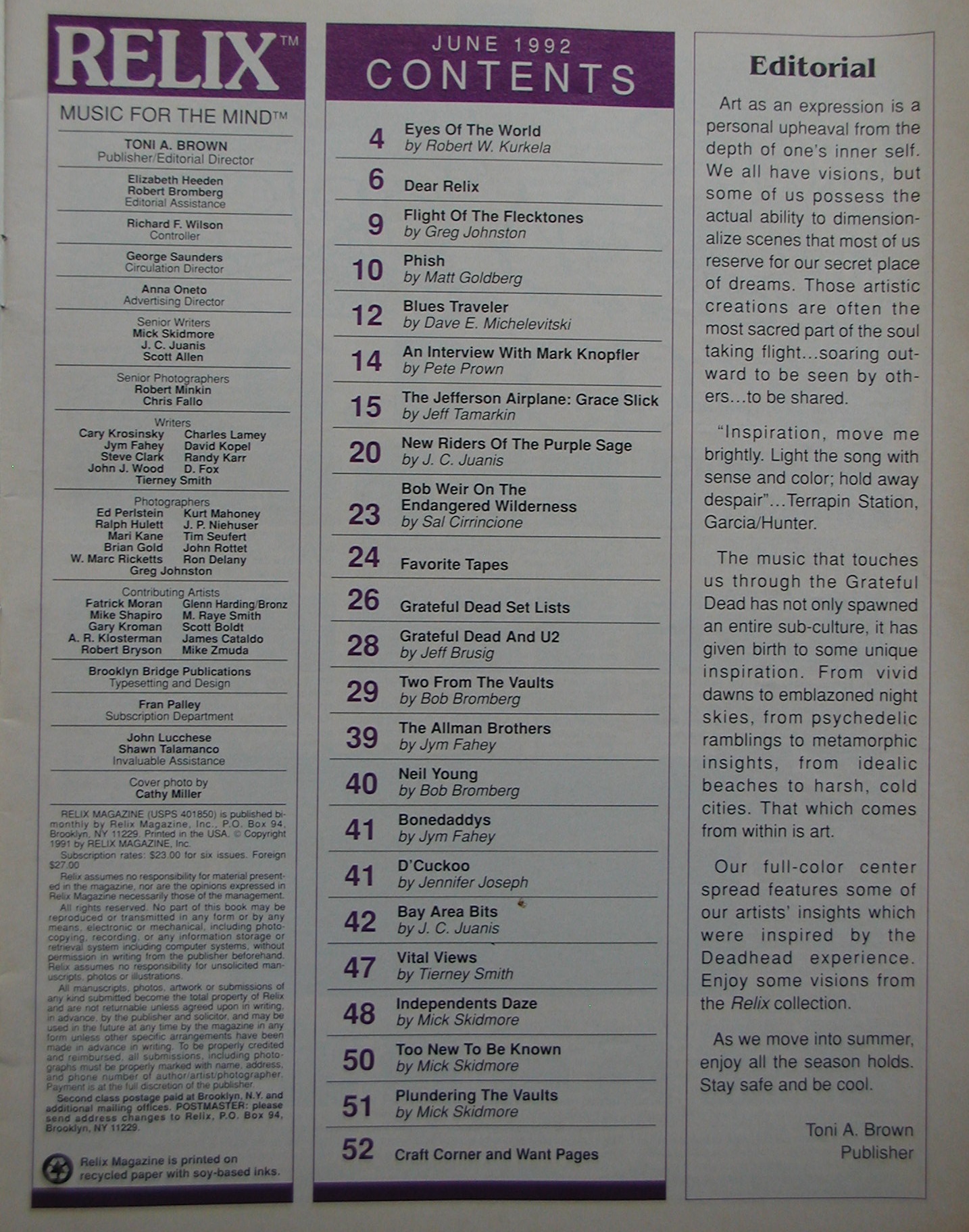 Relix Magazine. Vol. 19. No. 3. June 1992. by Brown, Toni A. Edited By ...