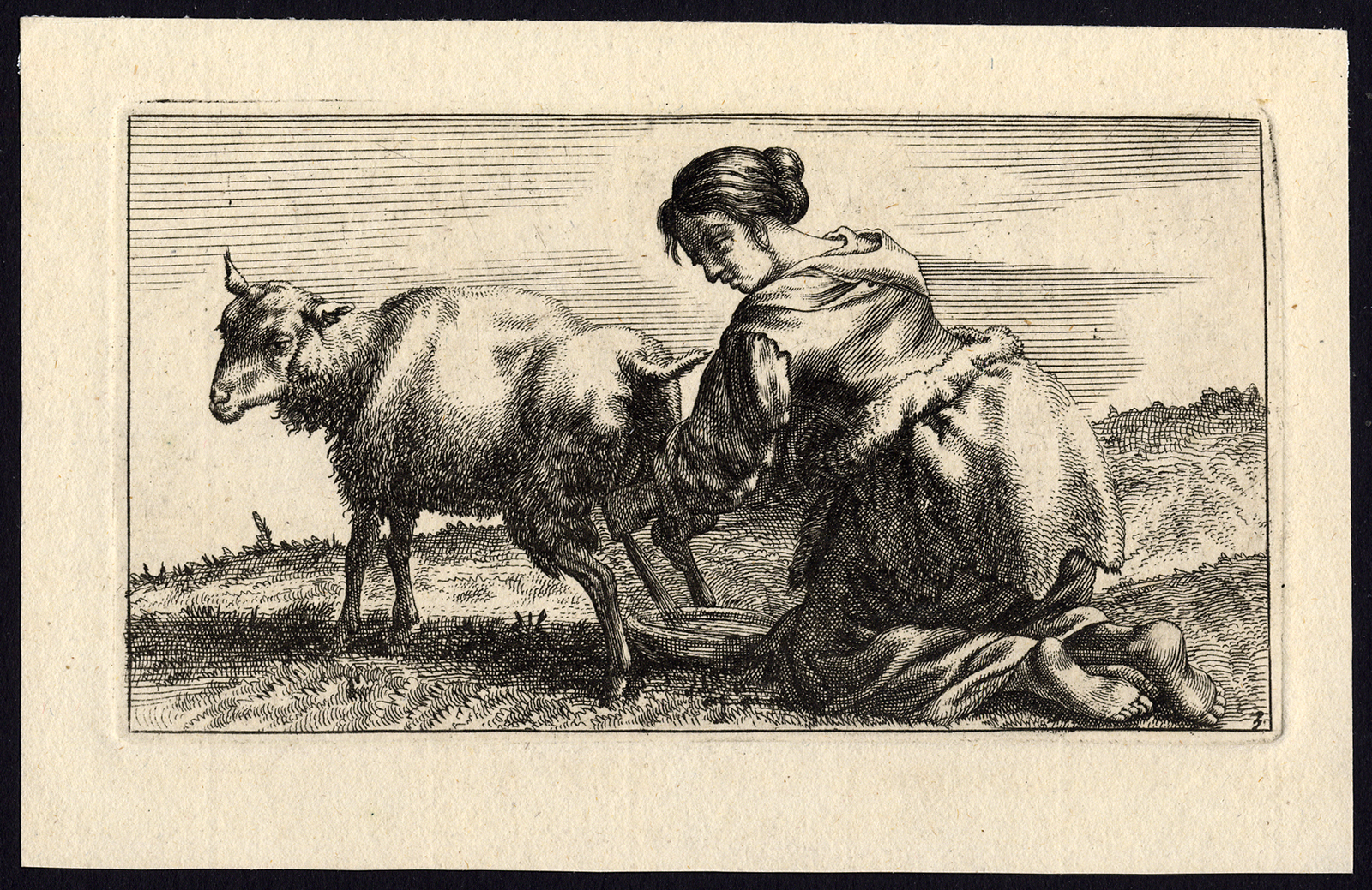 Antique Print-MILKING SHEEP-FARM GIRL-PEASANT-c. 1740: (1740) Art ...