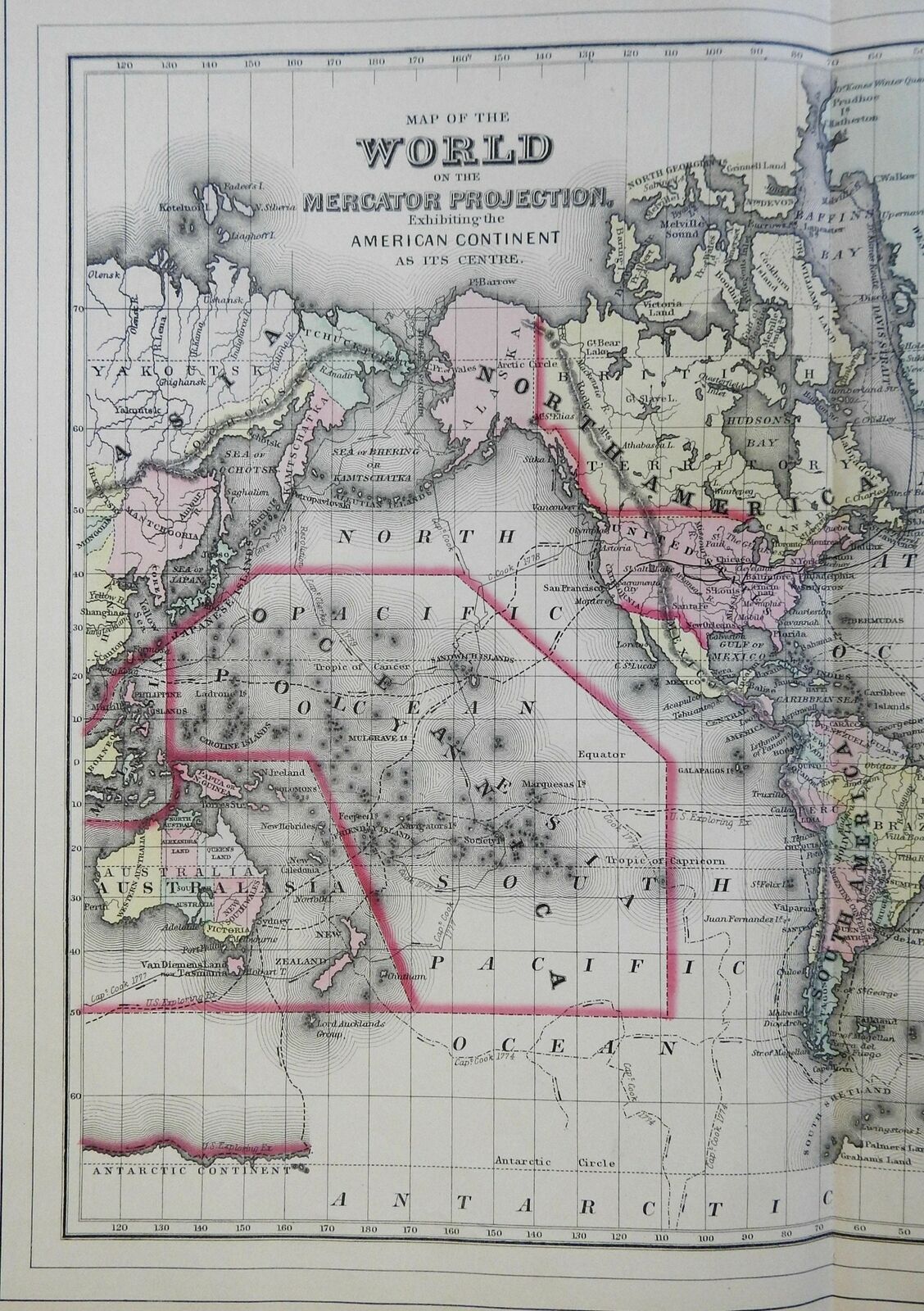 World Map on Mercator's Projection North & South America Asia 1887 ...