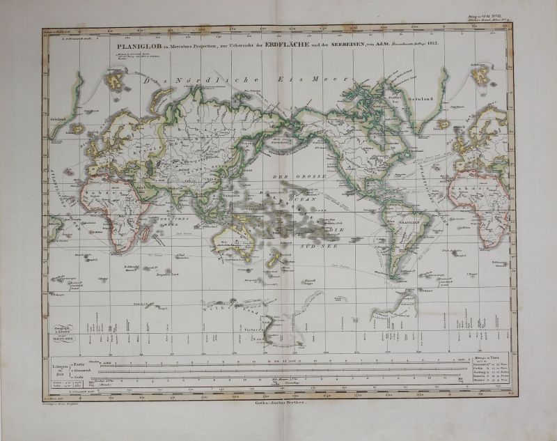 Planiglob in Mercators Projection, zur Übersicht der Erdfläche und der ...