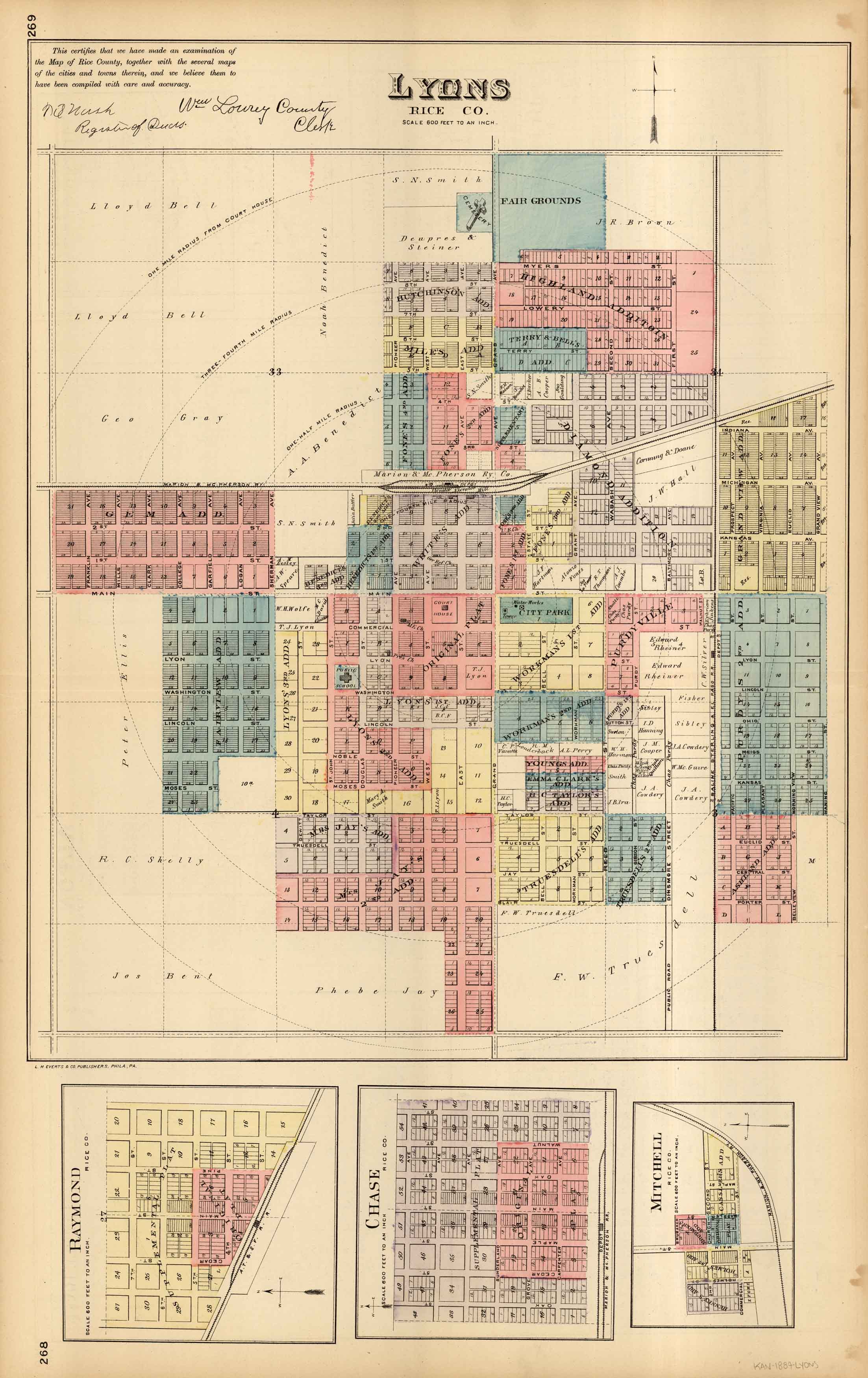 L.H. Evert's 1887 Map of Lyons, Raymond, Chase, and Mitchell, Kansas by ...