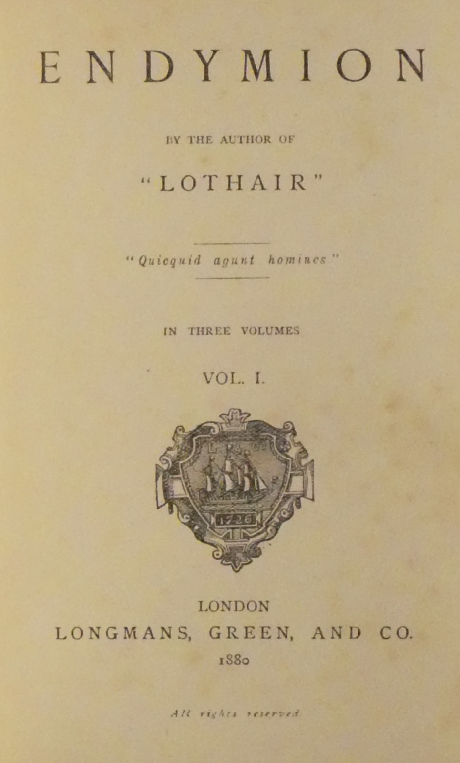 Endymion by Disraeli, Benjamin (The Earl of Beaconsfield): Very Good ...