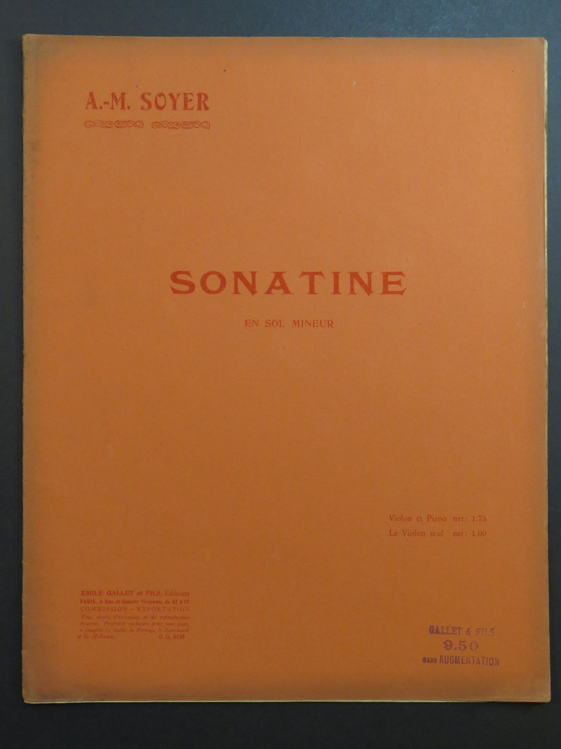 SOYER M. A. Sonatine en sol mineur Violon Piano 1929 by SOYER M. A ...
