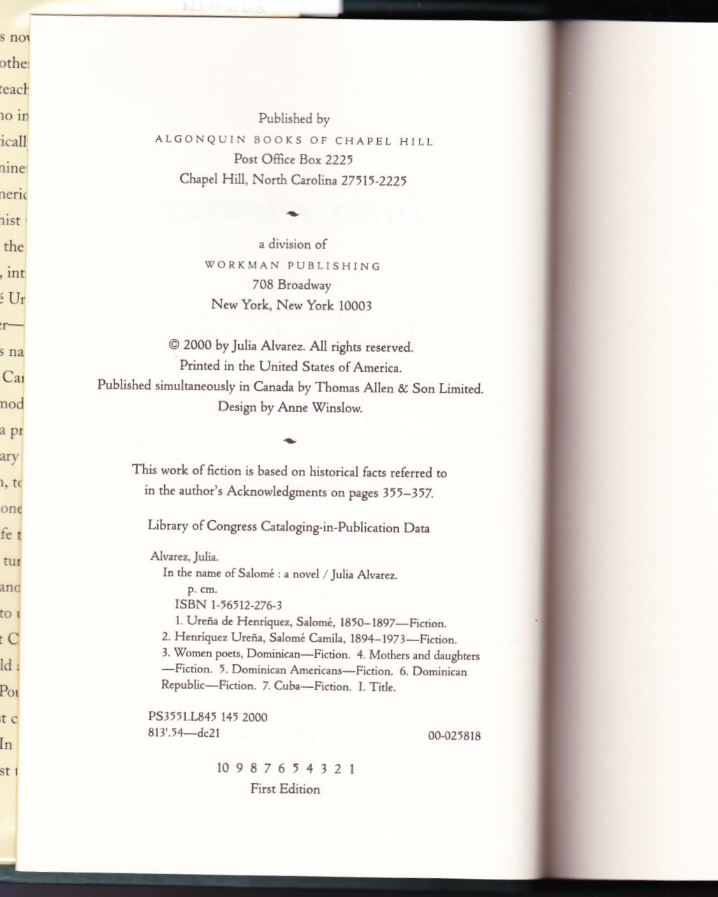 In the Name of Salomé by Alvarez, Julia: Fine Hardcover (2000) 1st ...