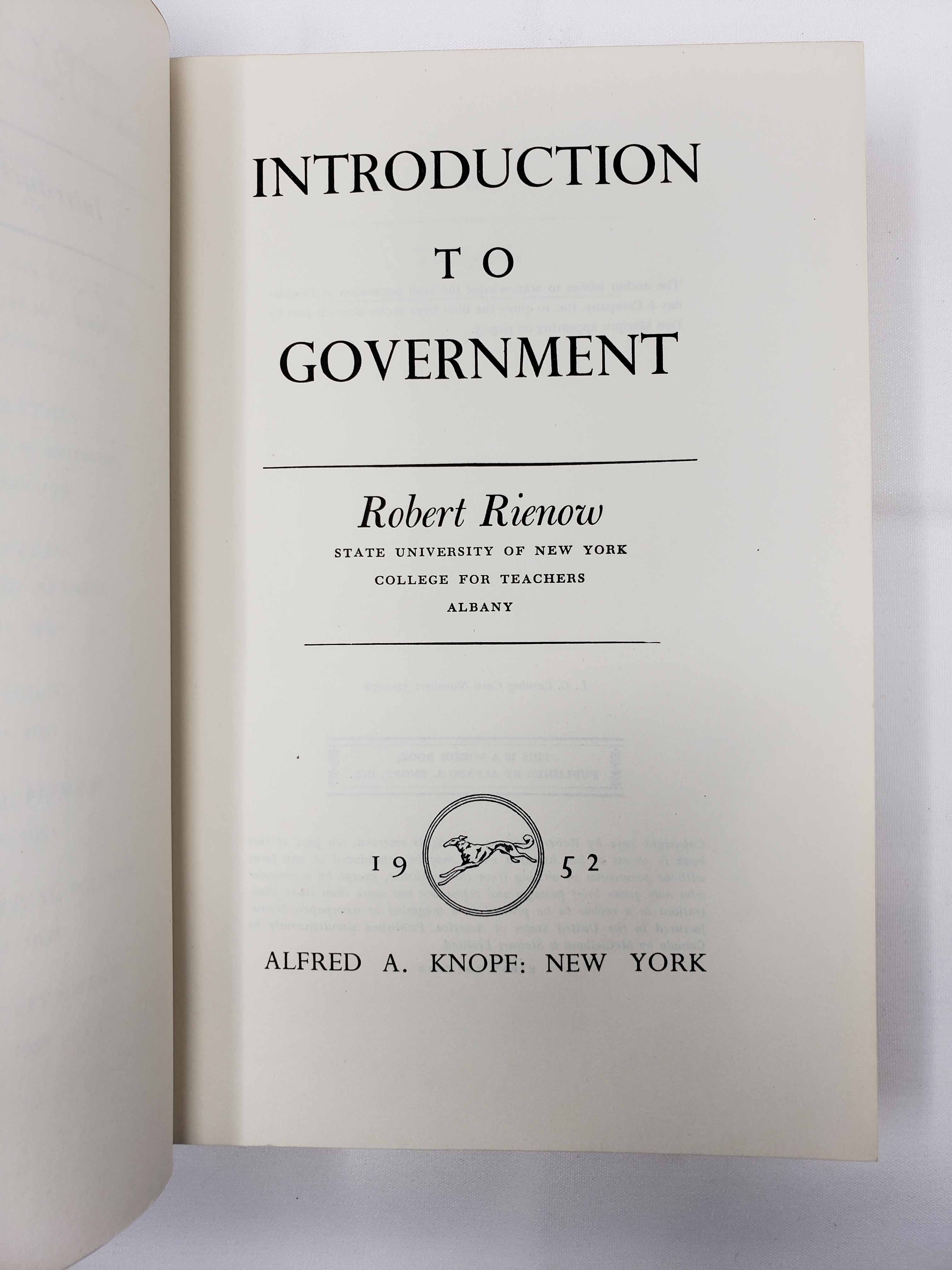 Introduction to Government by Rienow, Robert: Fine Hardcover (1952) 1st ...