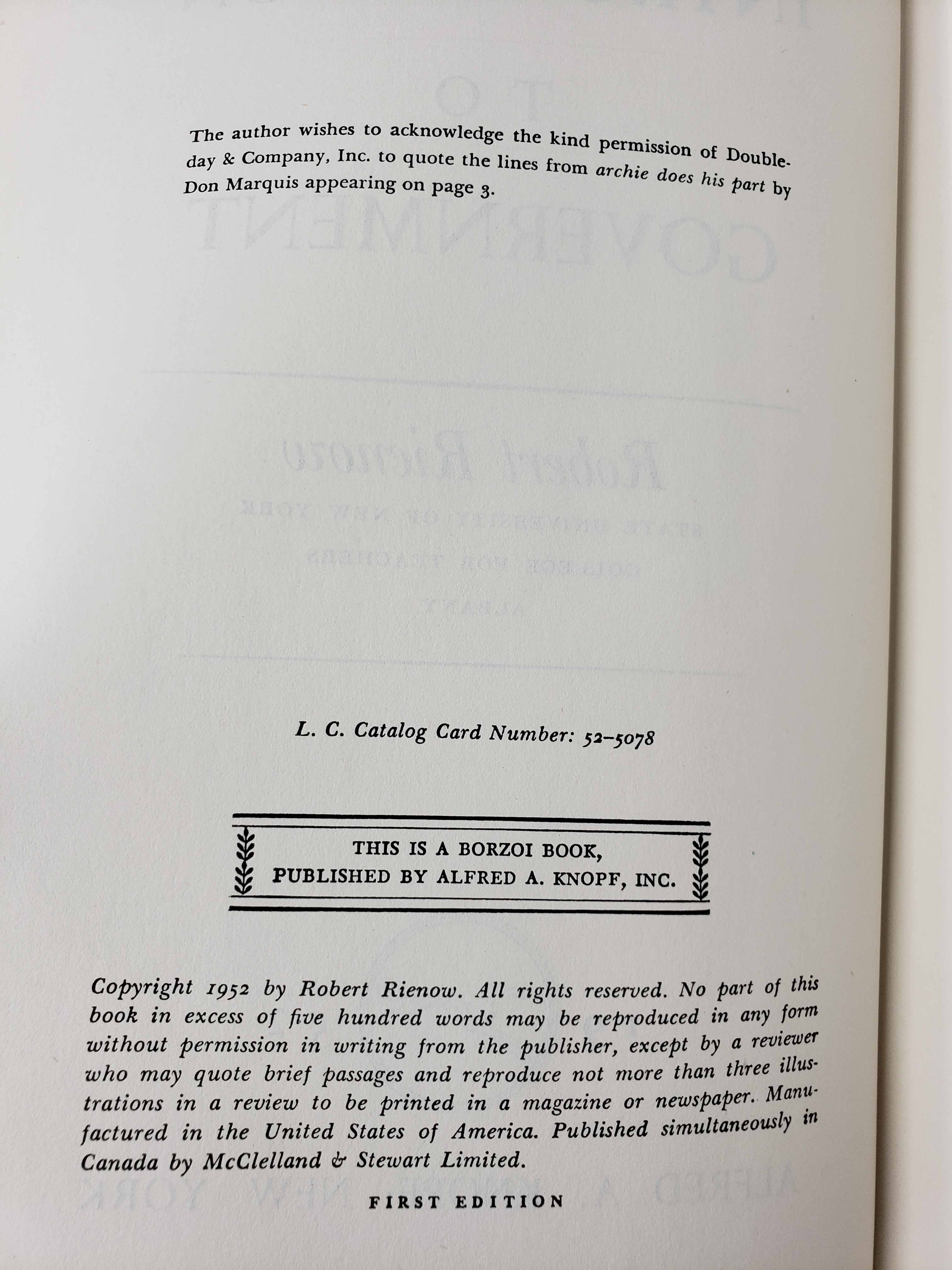 Introduction to Government by Rienow, Robert: Fine Hardcover (1952) 1st ...