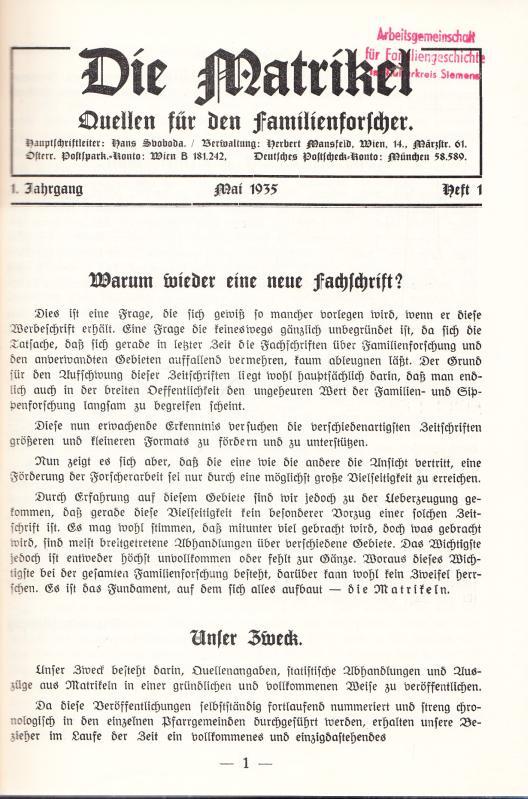 Die Matrikel - Quellen für den Familienforscher. 1. Jg. 1935, Hefte 1 ...