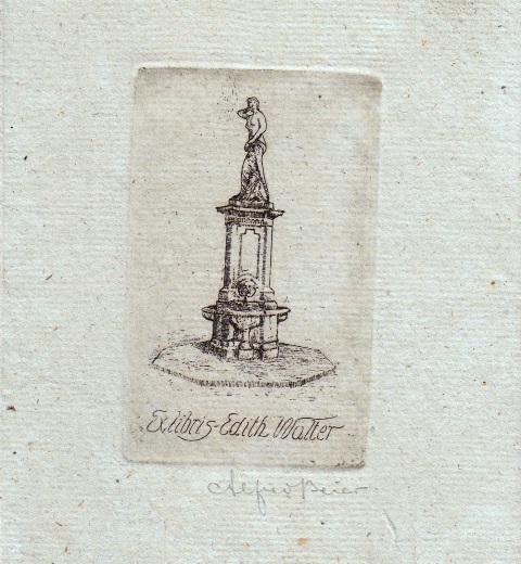 Exlibris Edith Walter. Weiblicher Halbakt, auf Brunnen stehend. by ...