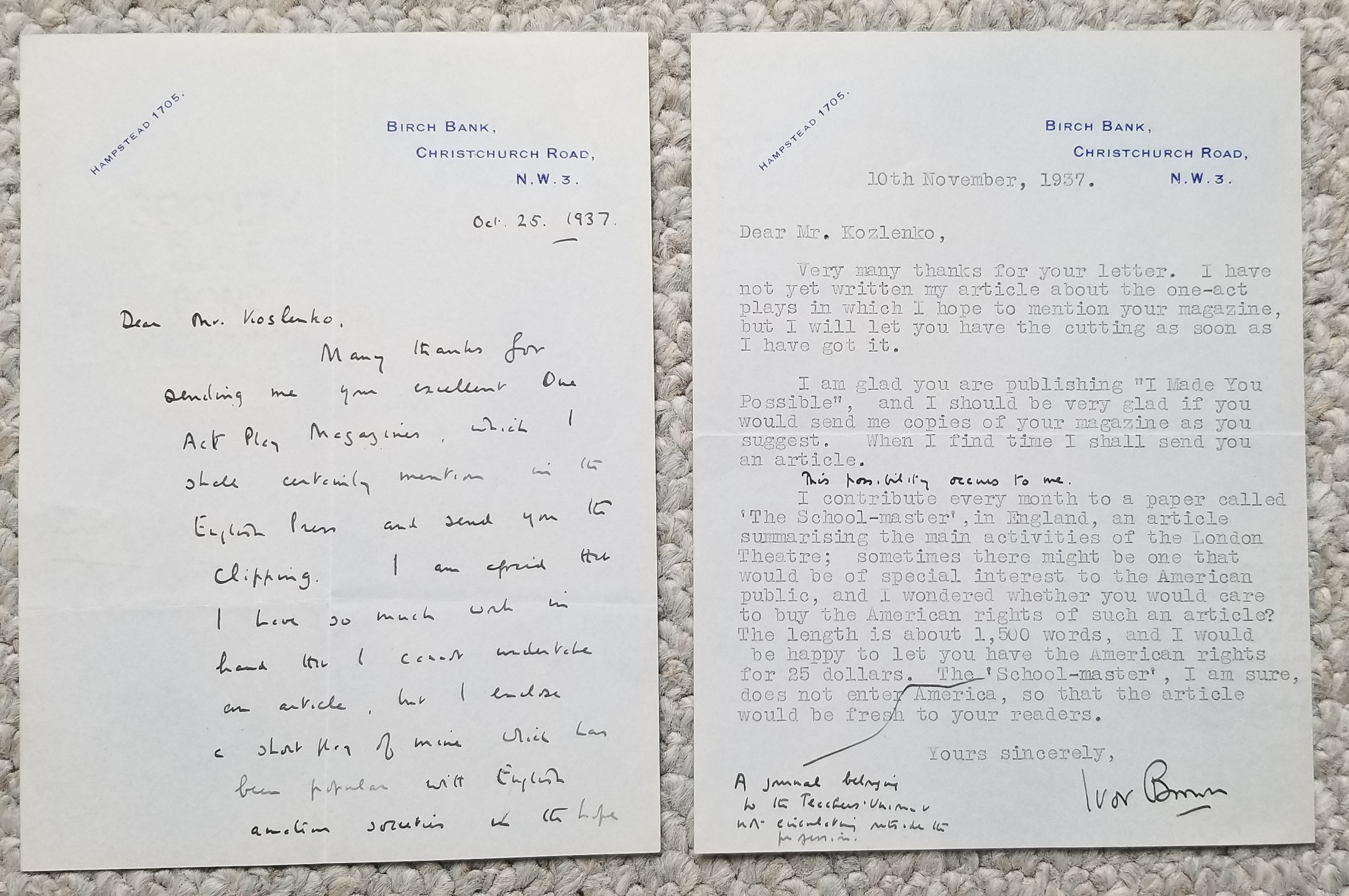 ALS and TLS Ivor Brown Discussing Publication Of His One Act Play And ...