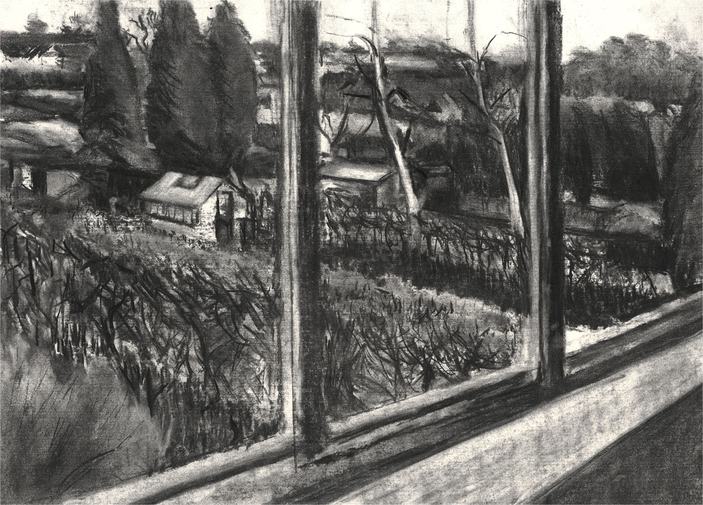 Joyce Moore - 1989 Charcoal Drawing, Out the window by Joyce Moore ...