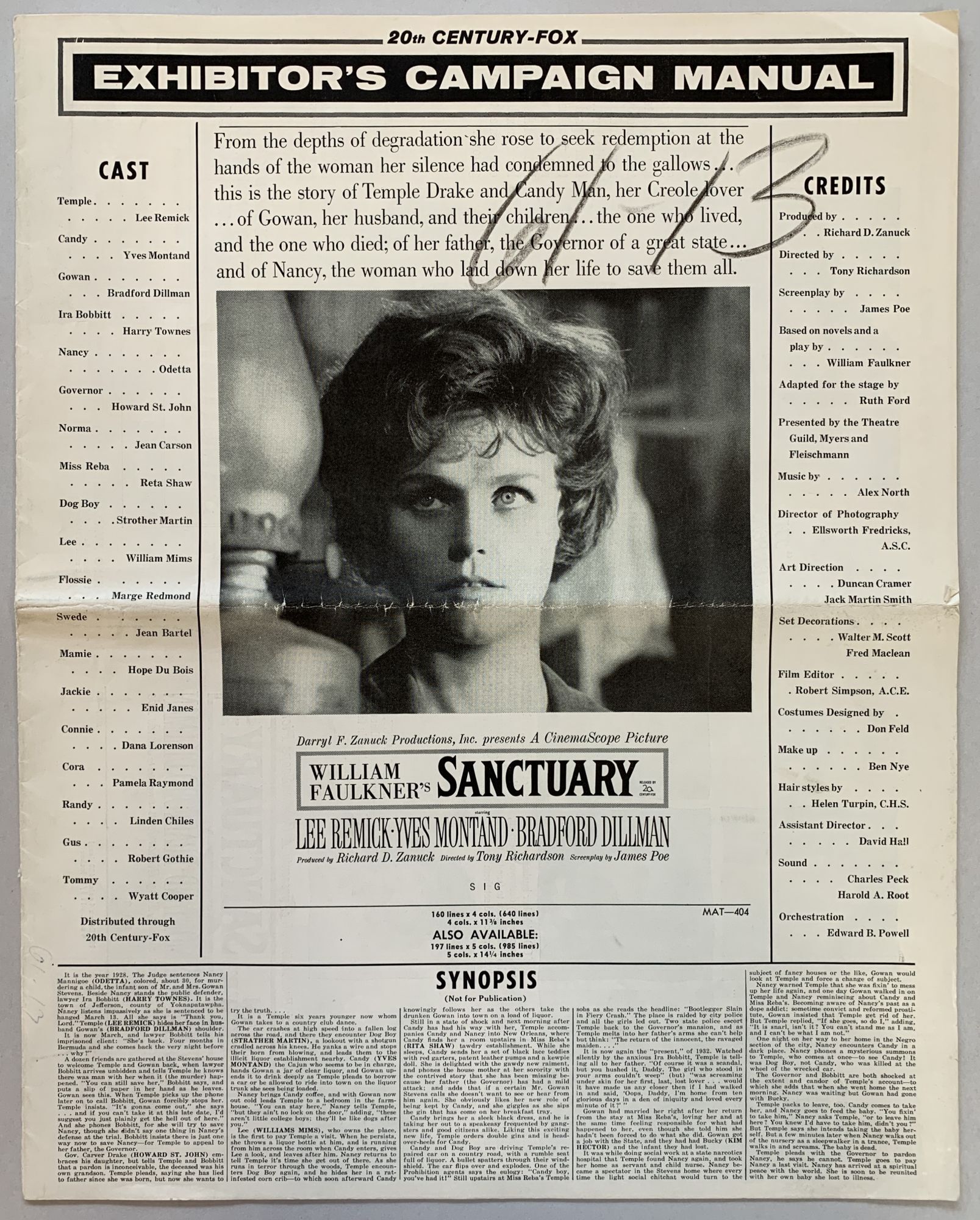 Sanctuary. Exhibitor's Campaign Manual by Faulkner, William. Screenplay ...