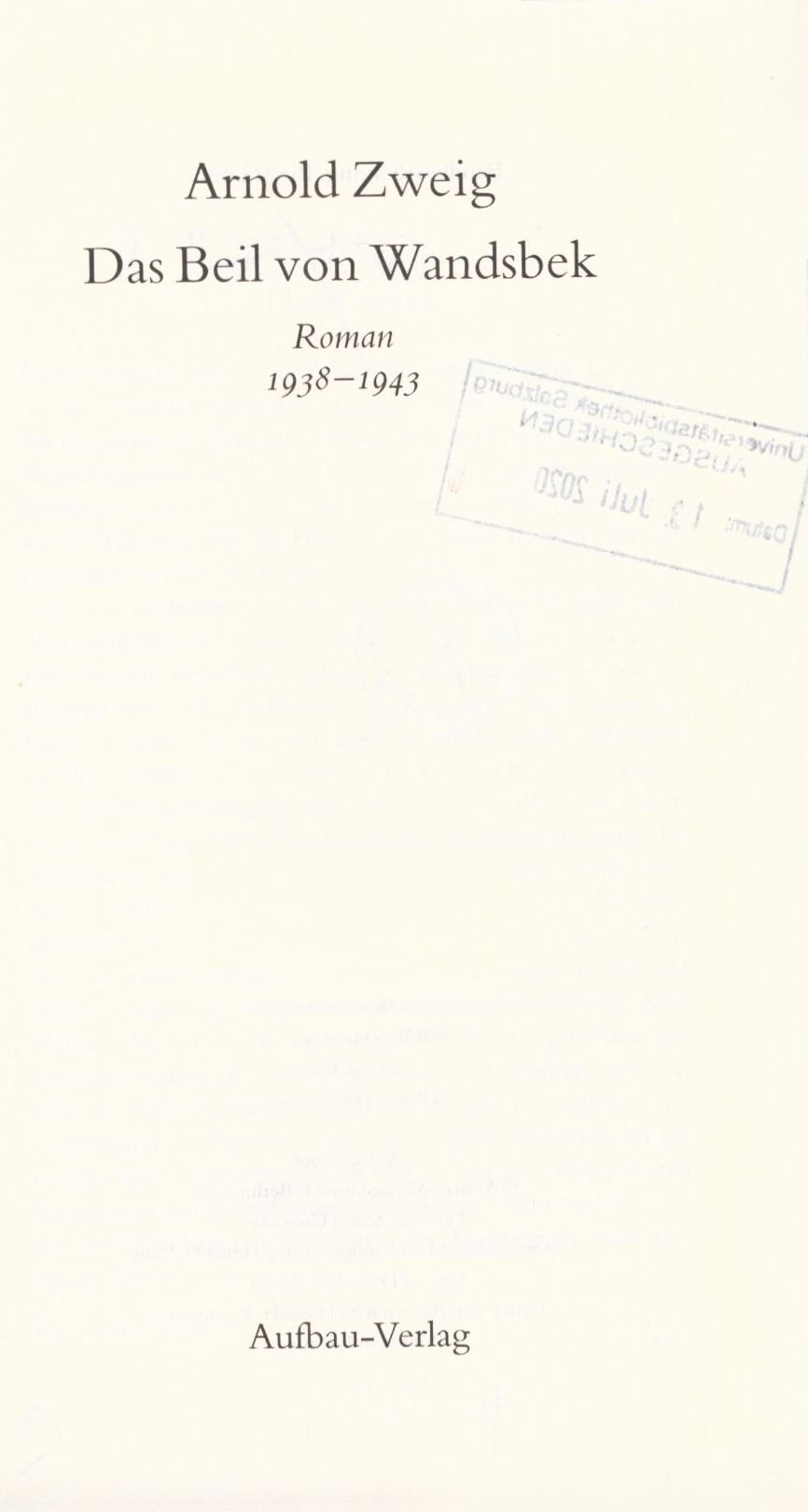 Das Beil von Wandsbeck Roman 1938-1943 by Zweig, Arnold und Frank ...