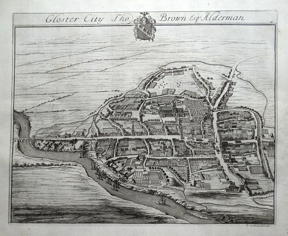 Antique Map GLOUCESTER, GLOSTER CITY Johannes Kip bird's eye street ...